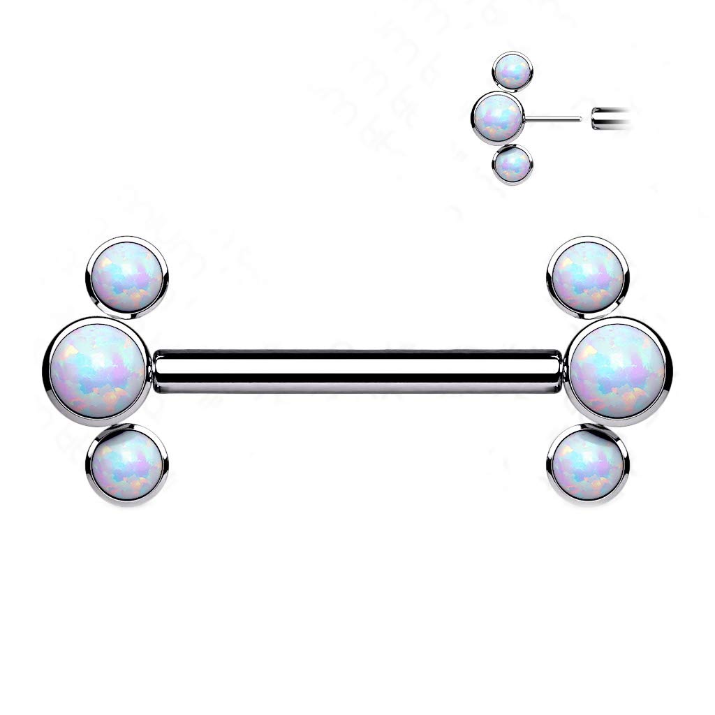 BODY DAZZ 14G Bezel Triple Synthetic Opal G23 Titanium Nipple Ring Barbells (Choose Threading) (White (Threadless Push-in))