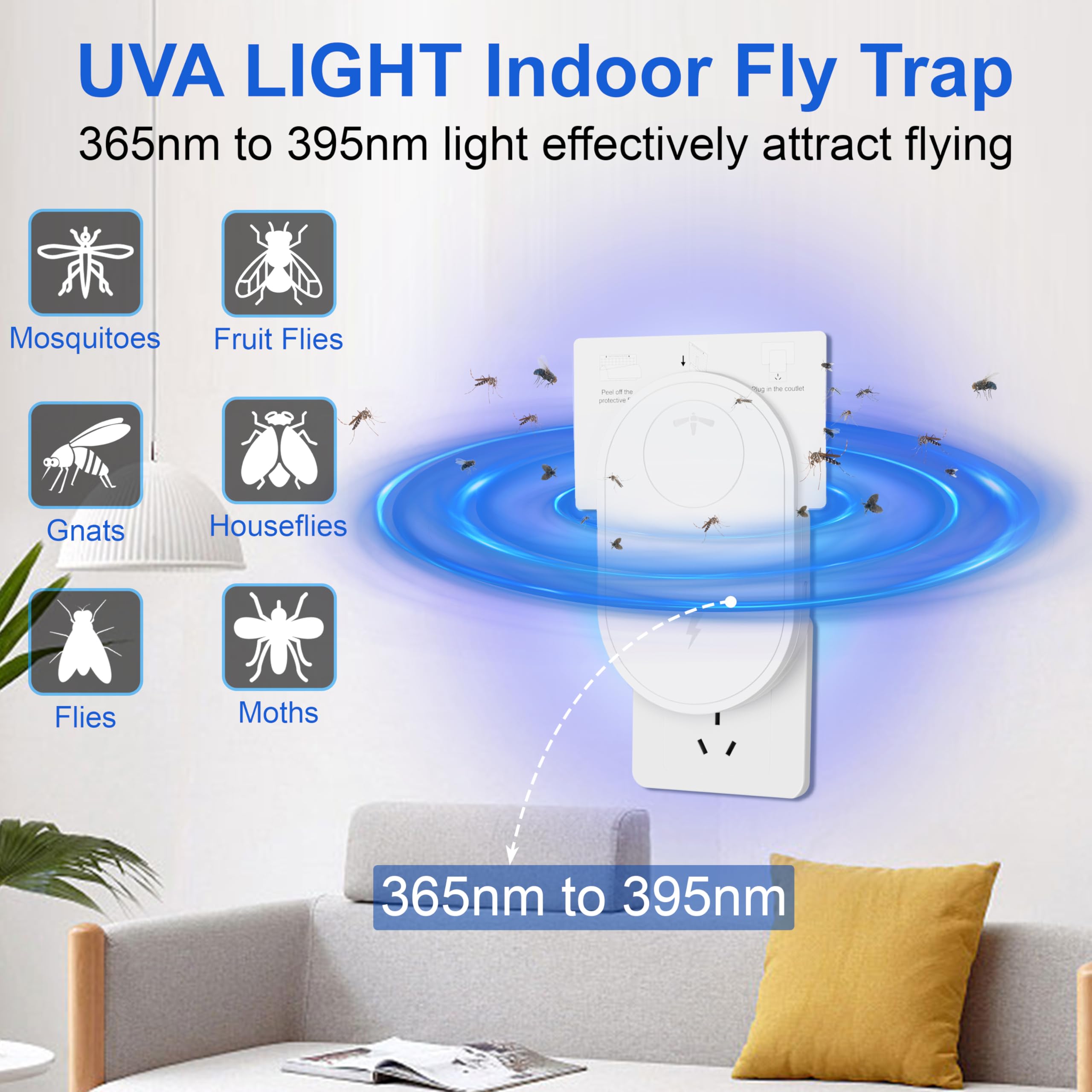Fly Trap Indoor - Fruit Fly Traps for Indoors Plug-in Flying Insect Trap for Mosquito, Flies, Fruit Flies, Gnats, Moths with 4 Sticky Traps (1 Device + 6 Glue Cards)