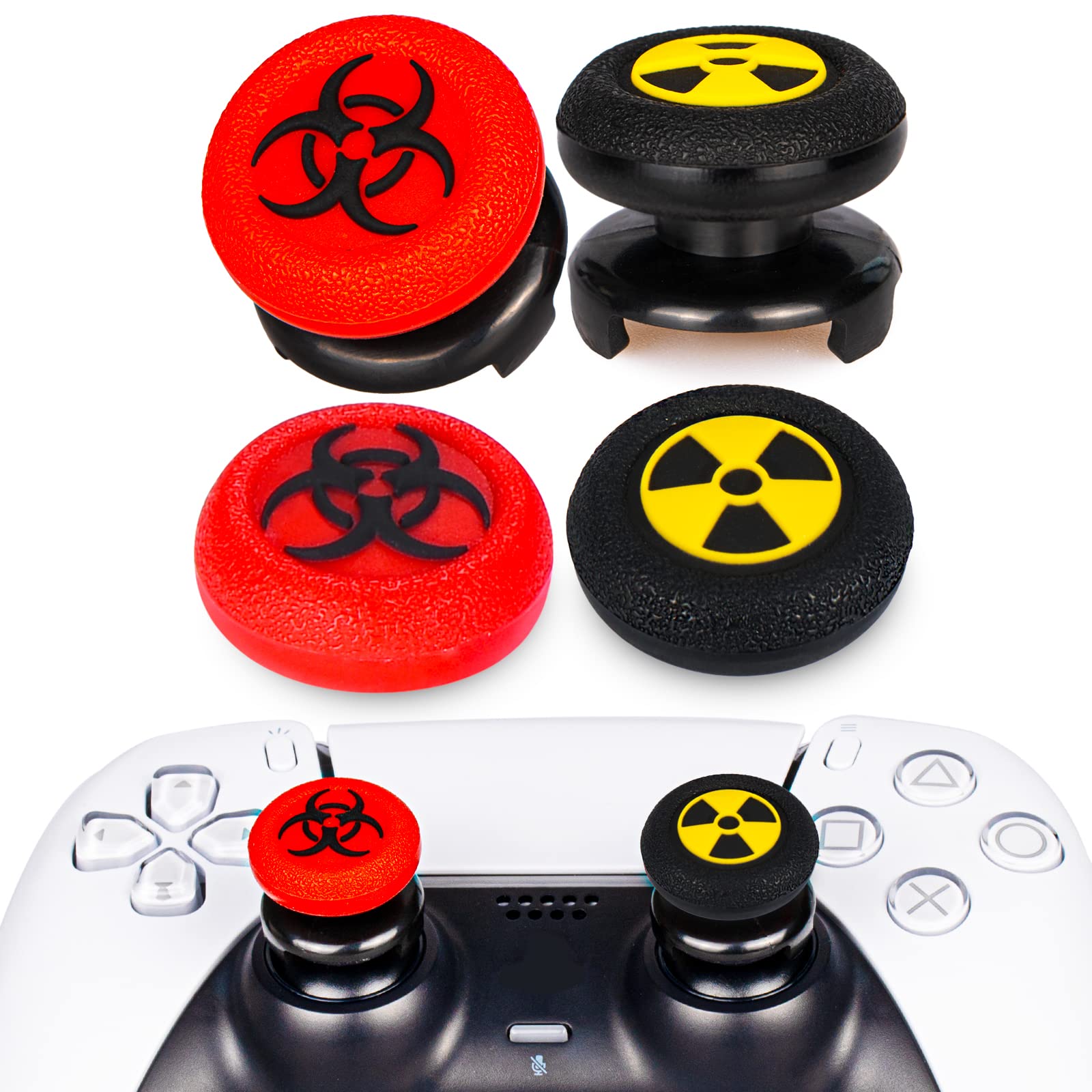 Playrealm FPS Thumbstick Extender x 2 & Printing Rubber Silicone Grip Cover x 4 for PS5 & PS4 Controller (Radiation Black & BioH Red)