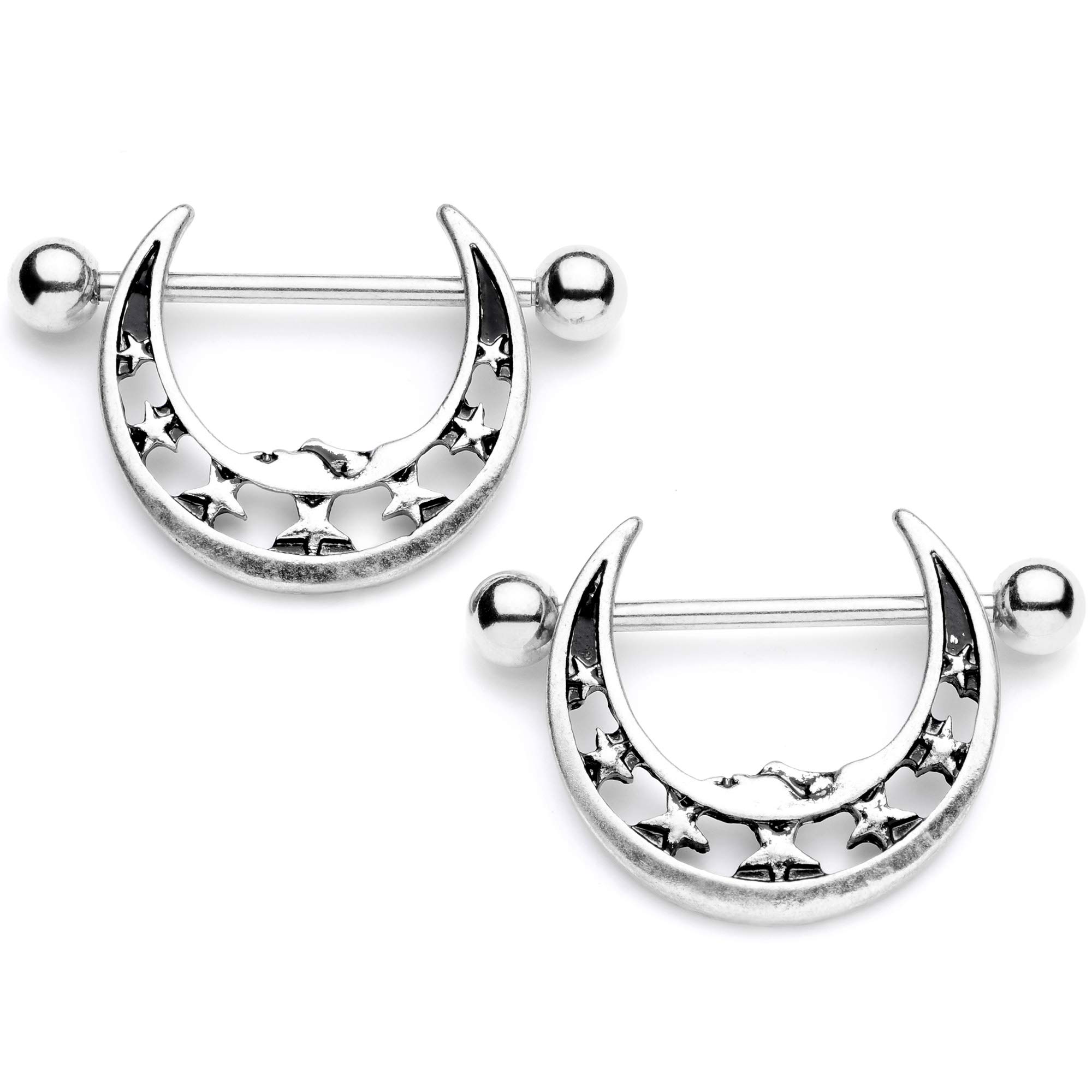 Body Candy 14G Womens Nipplerings Piercing 316L Steel 2Pc Crescent Moon Star Nipple Shield Set 7/8"