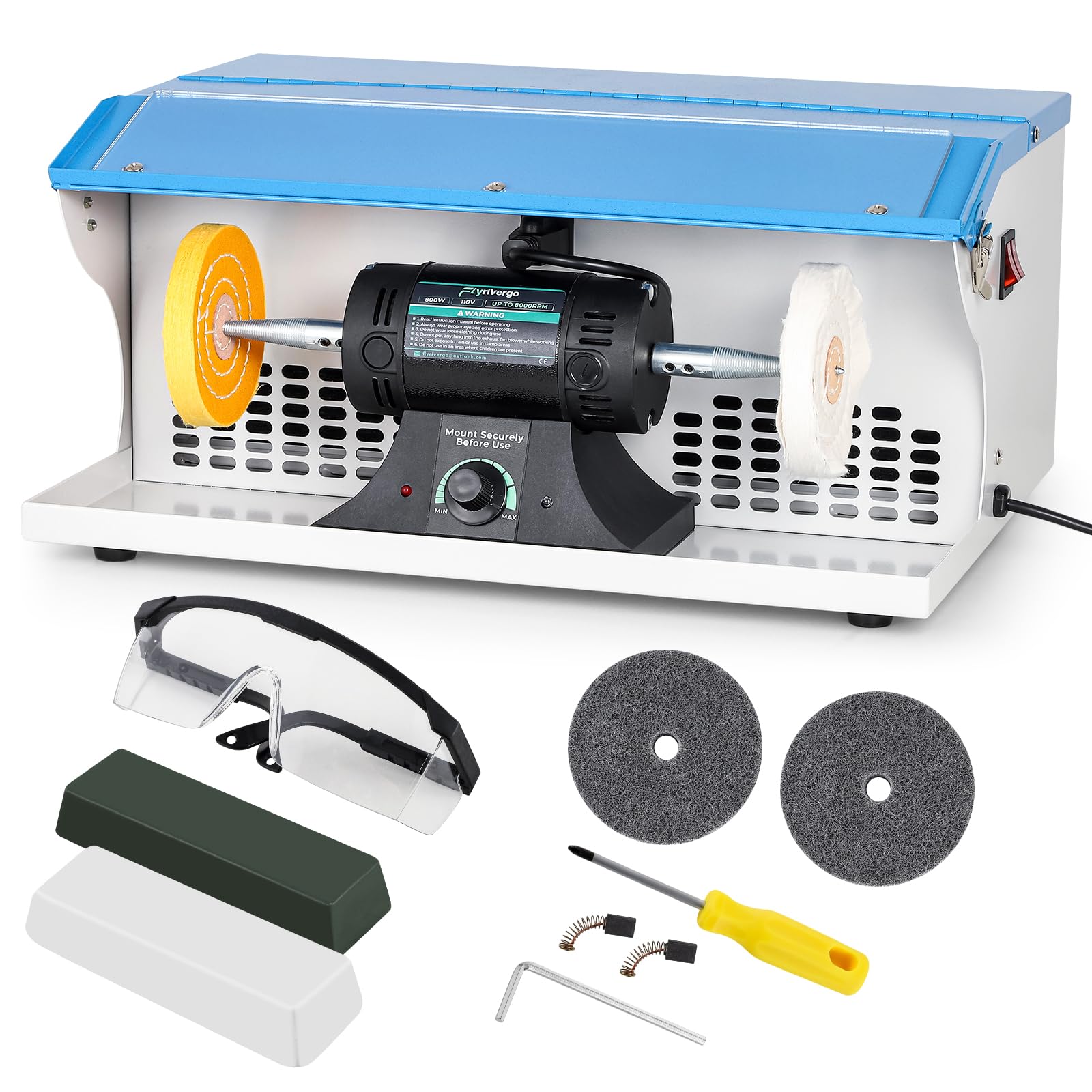 Flyrivergo Jewelry Polishing Machine, Bench Buffer Polisher 800W 110V Adjustable Variable Speed Polishing Machine with Dust Collector, Exhaust Fan Blower, Work Light and Motor Housing for Metal, Wood