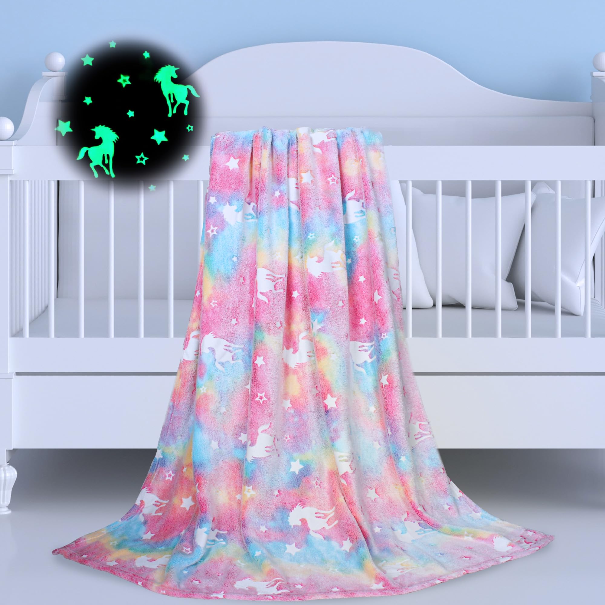 Cozwiv Glow in The Dark Blanket for 1-10 Year Old Girl Birthday Ideas Cool Unicorns Gifts for Age 1 2 3 4 5 6 7 8 9 10 Year Surprise Toys for Kids Toddler Blanket 50”X60”