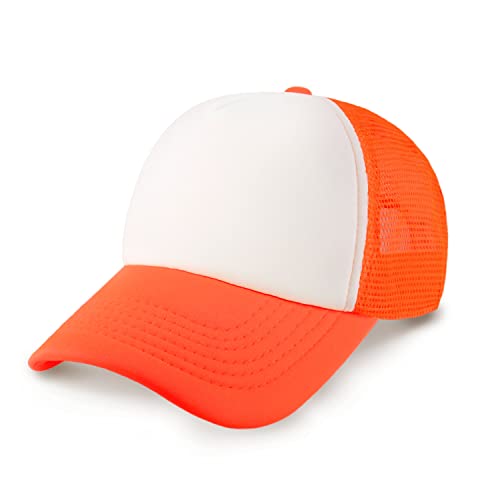 CHOK.LIDS Foam Trucker Hat Summer Mesh Cap Solid Two Toned Blank Foamhead hat for Mens Womens Adjustable Strap Light Weight (White/Neon Orange)