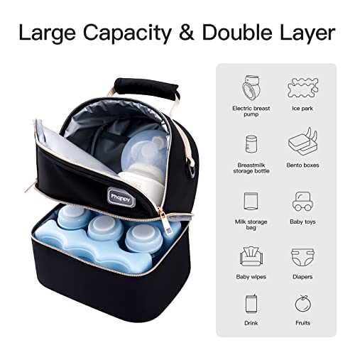 Phanpy Breast Pump Bag with Cooler, Breastmilk Cooler Bag with Ice Pack, Double Deck Breastmilk Storage Bag Cooler, Baby Bottle Bag, Diaper Backpack, Double Layer Preservation Package(Black)