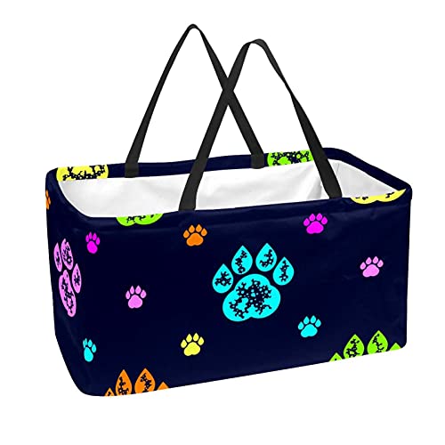 Reusable Shopping Basket Black Colourful Dog Paw Prints Portable Folding Picnic Grocery Bags Laundry Basket Shopping Tote Bag