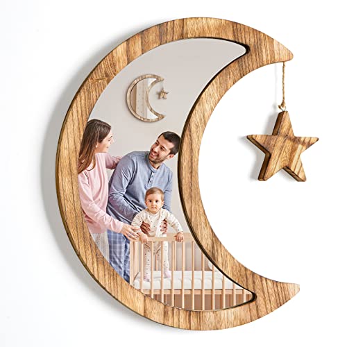 Honiway Boho Wall Decor Mirror Rustic Wood Boho Mirror with Star Decorative Mirror with Real Glass Farmhoue Room Decor for Bathroom Bedroom Carbonized Black