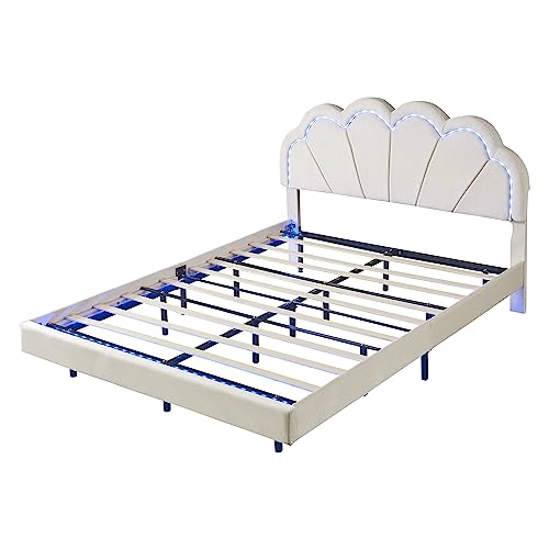 Floating Bed Frame Queen Size with LED Lights, Queen LED Bed Frame with Elegant Flowers Headboard, Smart Velvet Upholstered Platform Bed with Wooden Slats Support, Queen Size, Beige