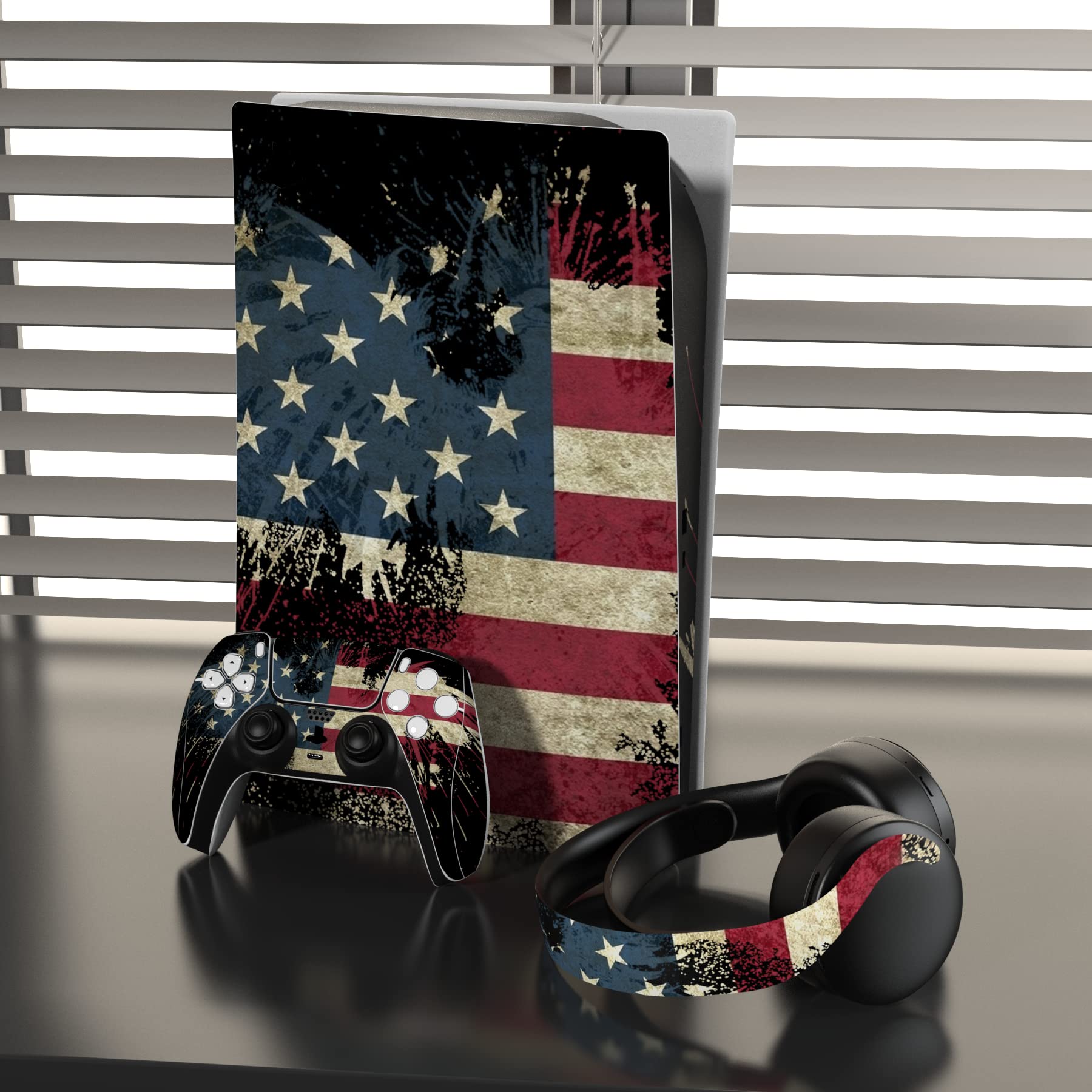 PlayVital US Flag The Stars & Stripes Full Set Skin Decal for ps5 Console Disc Edition, Sticker Vinyl Decal for ps5 Controller & Charging Station & Headset & Media Remote