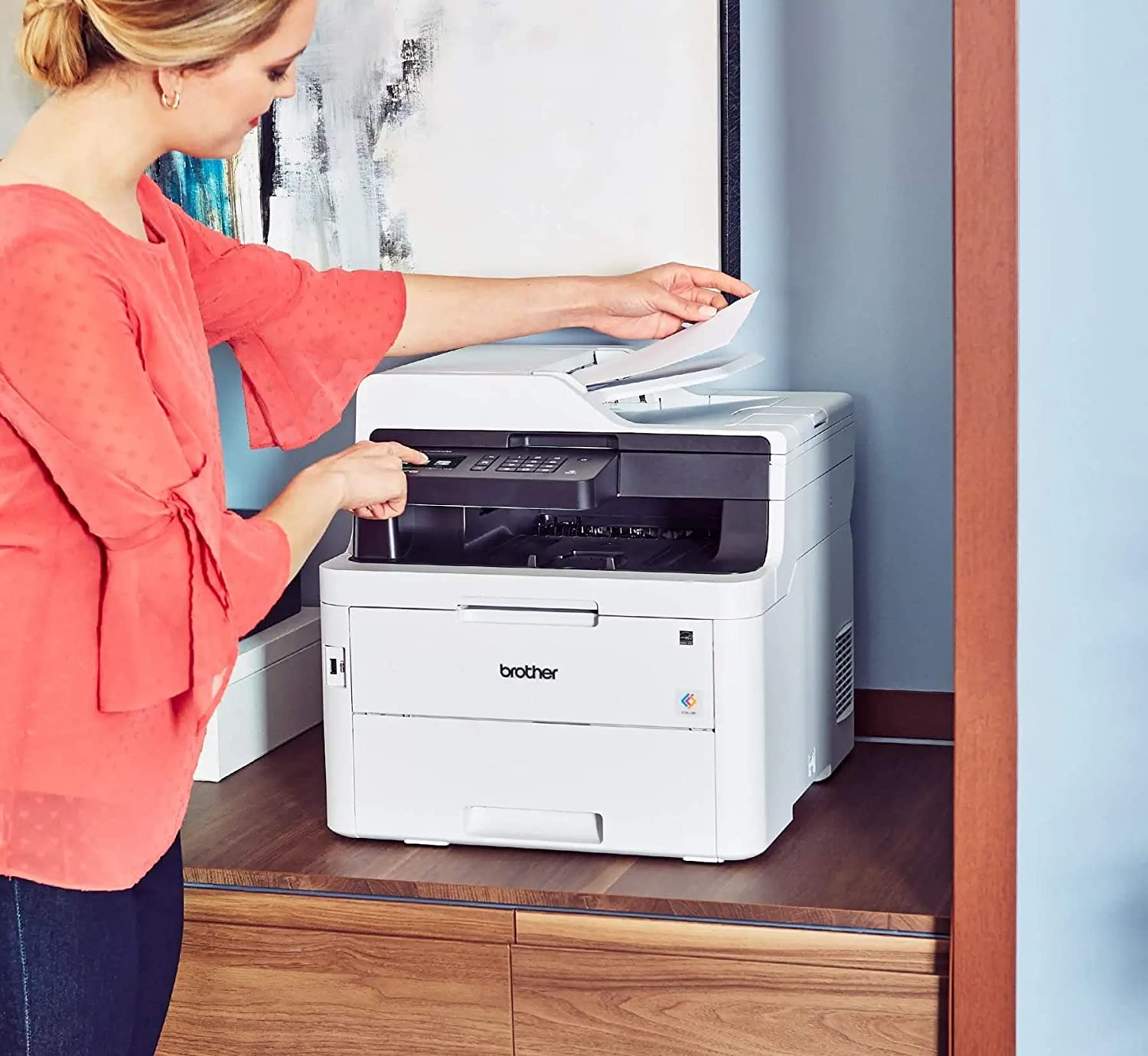 Brother MFC-L3750CDW Color All-in-One Laser Printer, Print Scan Copy Fax, Automatic 2-Sided Printing, 3.7 Inch Color Touchscreen, 600 x 2400 dpi, 50 Sheet ADF, Bundle with JAWFOAL Printer Cable