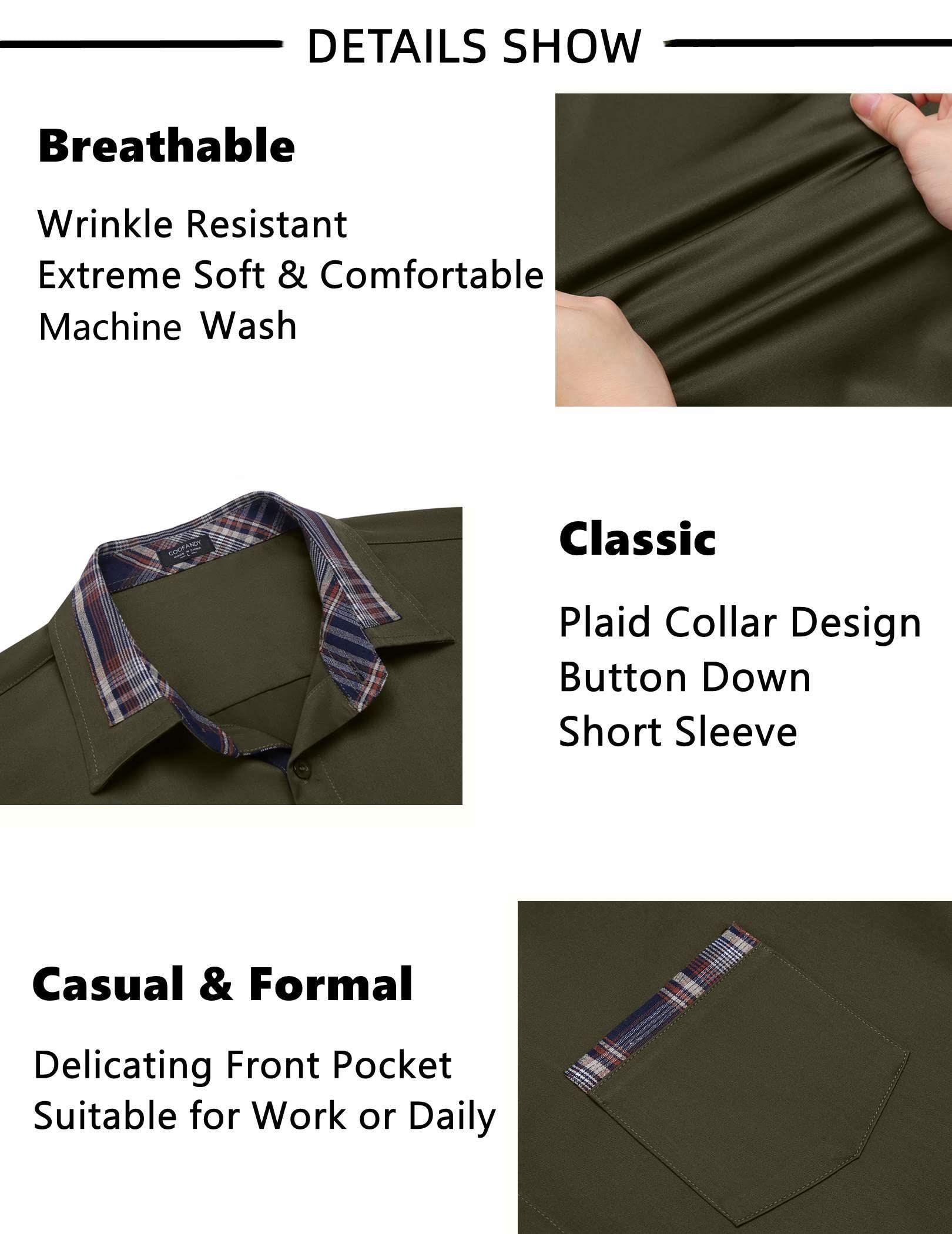 COOFANDY Men's Short Sleeve Dress Shirt Slim Fit Button Down Summer Shirt Army Green
