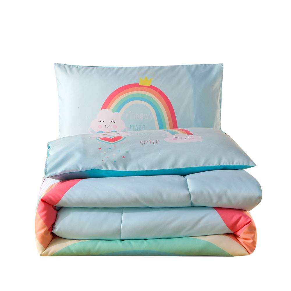 Btargot Ultra Soft Chirstmas Kid's Comforter Set Cartoon White Colorful Rainbow Pattern Bedding Sets Twin Size