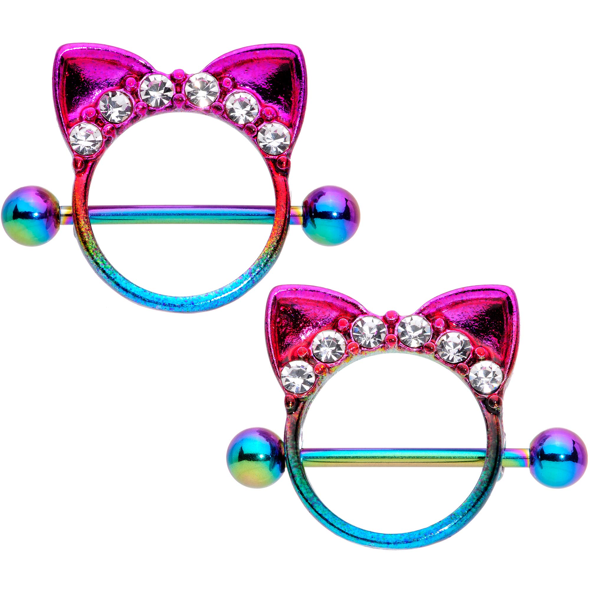 Body Candy 2Pc 14G Nipplering Piercing Women Steel Rainbow Kitty Cat Ears Nipple Shield Nipple Ring Set 9/16