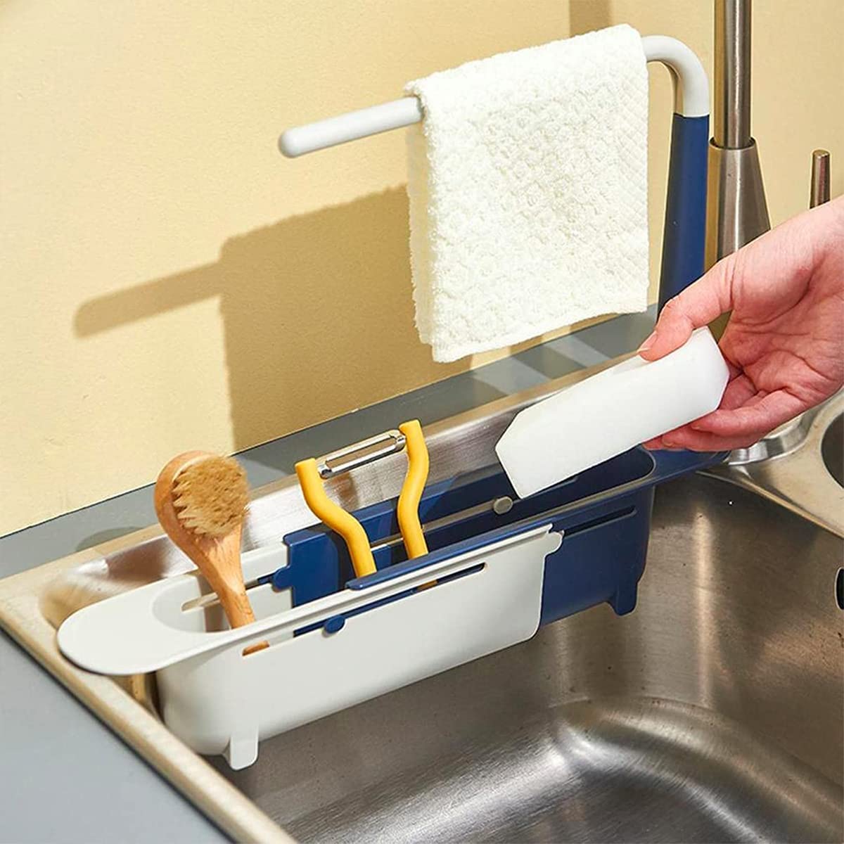 Dazzlewings Updated Telescopic Sink Storage Rack Holder with 2 Sponge, Adjustable Telescopic 2-in-1 Sink Storage Rack Holder with Dishcloth for Home Kitchen(Blue)