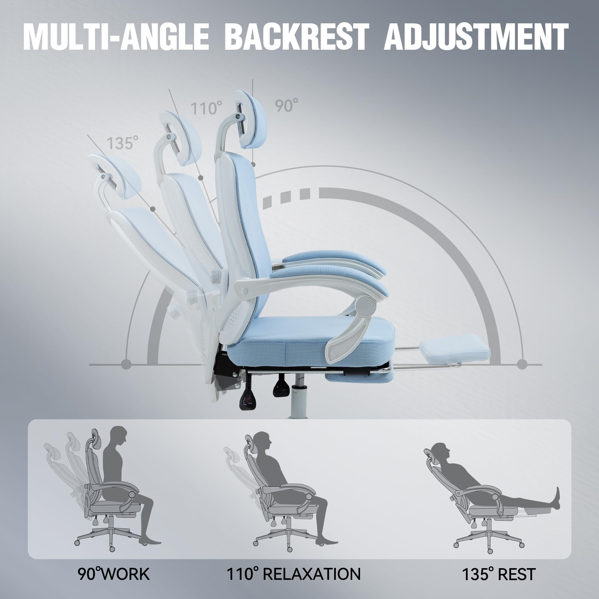 Dowinx Ergonomic Office Chair,Breathable Mesh Computer Chair with Pocket Spring Cushion,Comfy Desk Chair with Adjustable Lumbar Support and Headrest,Steel Base Swivel Task Chair with Footrest,Blue