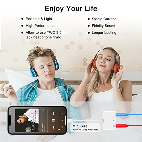 FEINODI Dual 3.5mm iPhone Headphone Splitter, 3 in 1 iPhone Adapter for Headphone Jack, with Charging iPhone Splitter, Compatible with iPhone 13/12/11/X/8/8plus/7/7plus/iPad-Support iOS 15