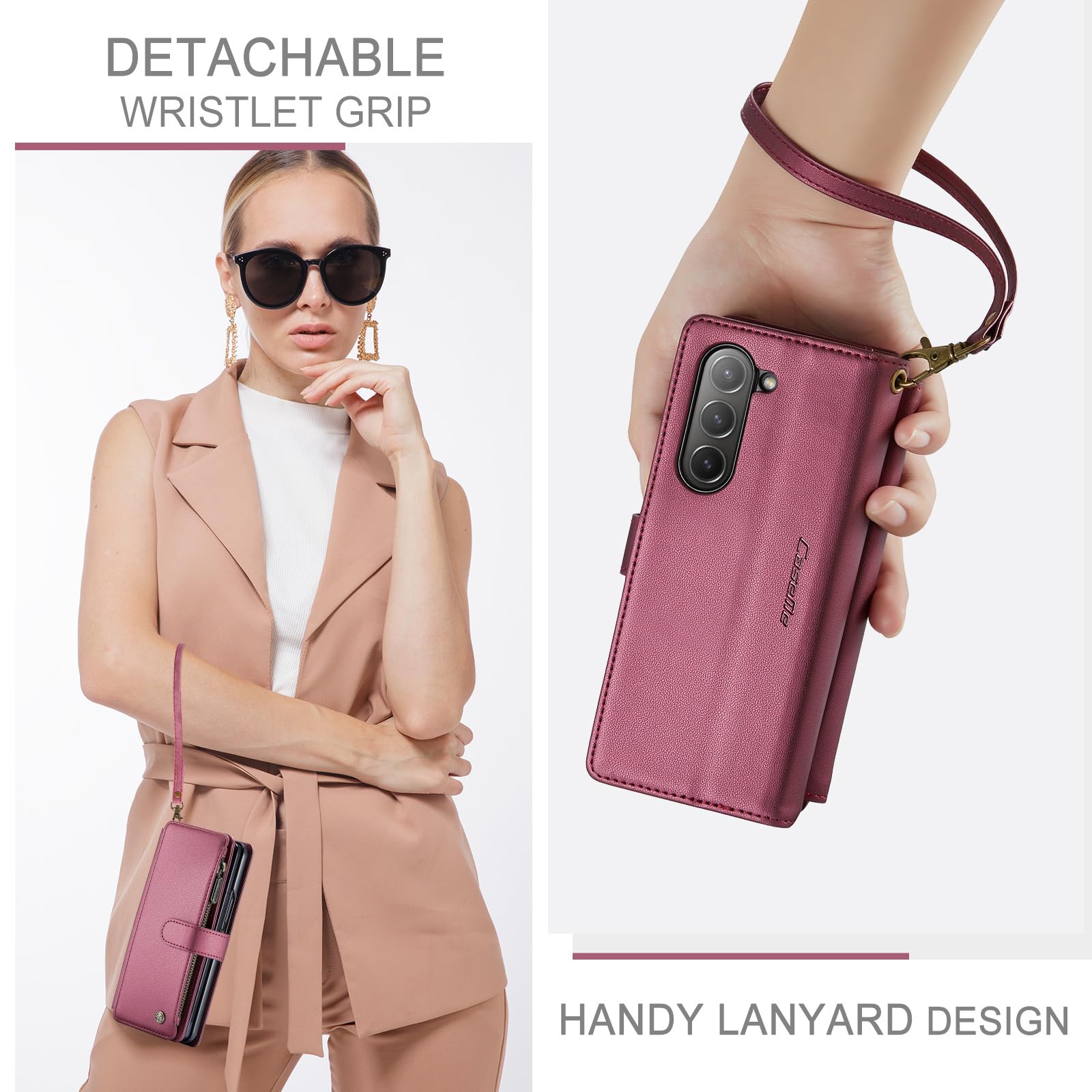 CaseMe for Samsung Galaxy Z Fold 5 Case with S Pen Holder, Z Fold 5 Wallet Case with Card Holder for Women Men, RFID Blocking Kickstand Zipper Shockproof Phone Case for Galaxy Fold 5, Red