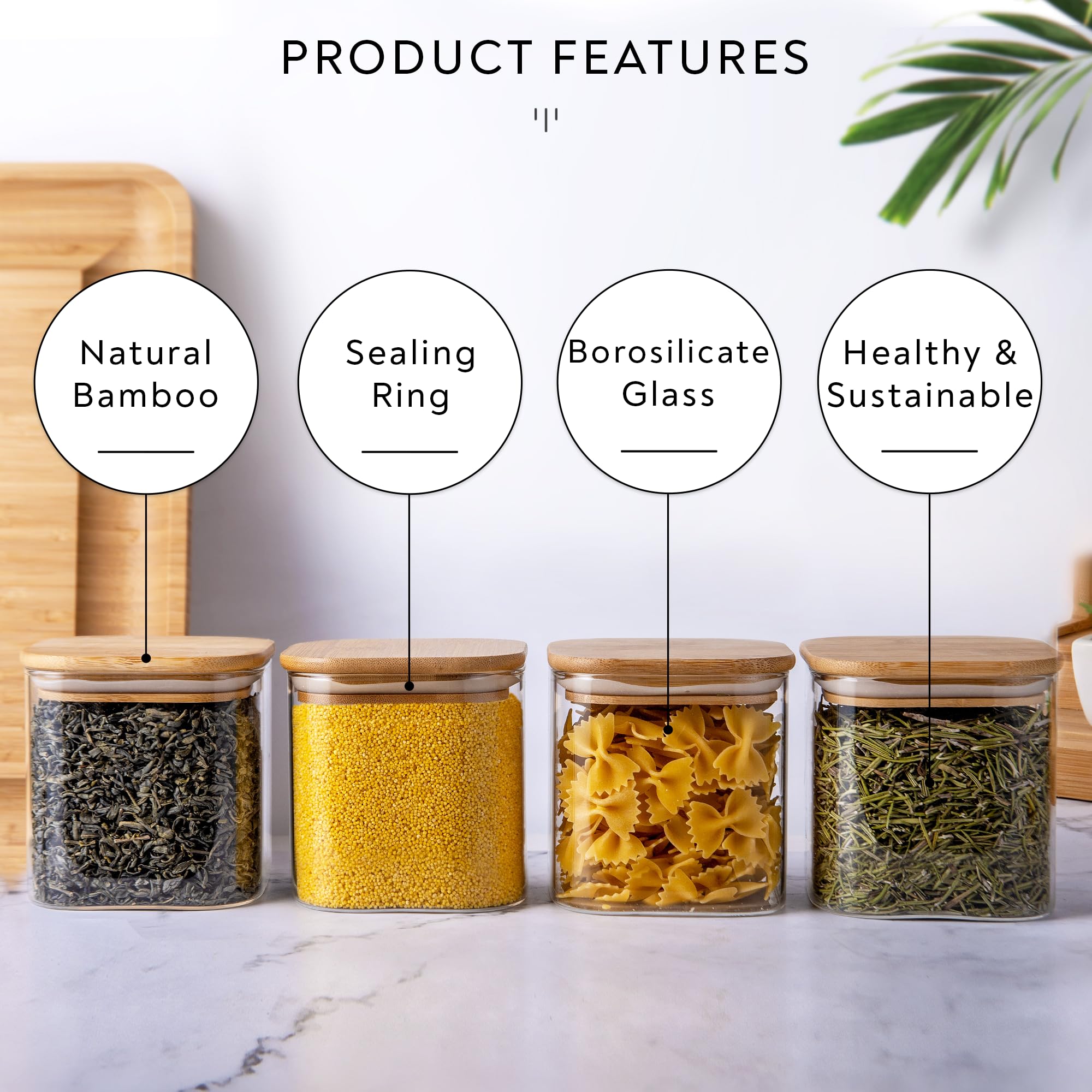 Laramaid 27oz 6Packs Square Glass Jars Set with Minimalist Pantry Labels, Square Pantry Jars with Bamboo Lids and White Customized Sticker Labels, Food Storage Containers for Home