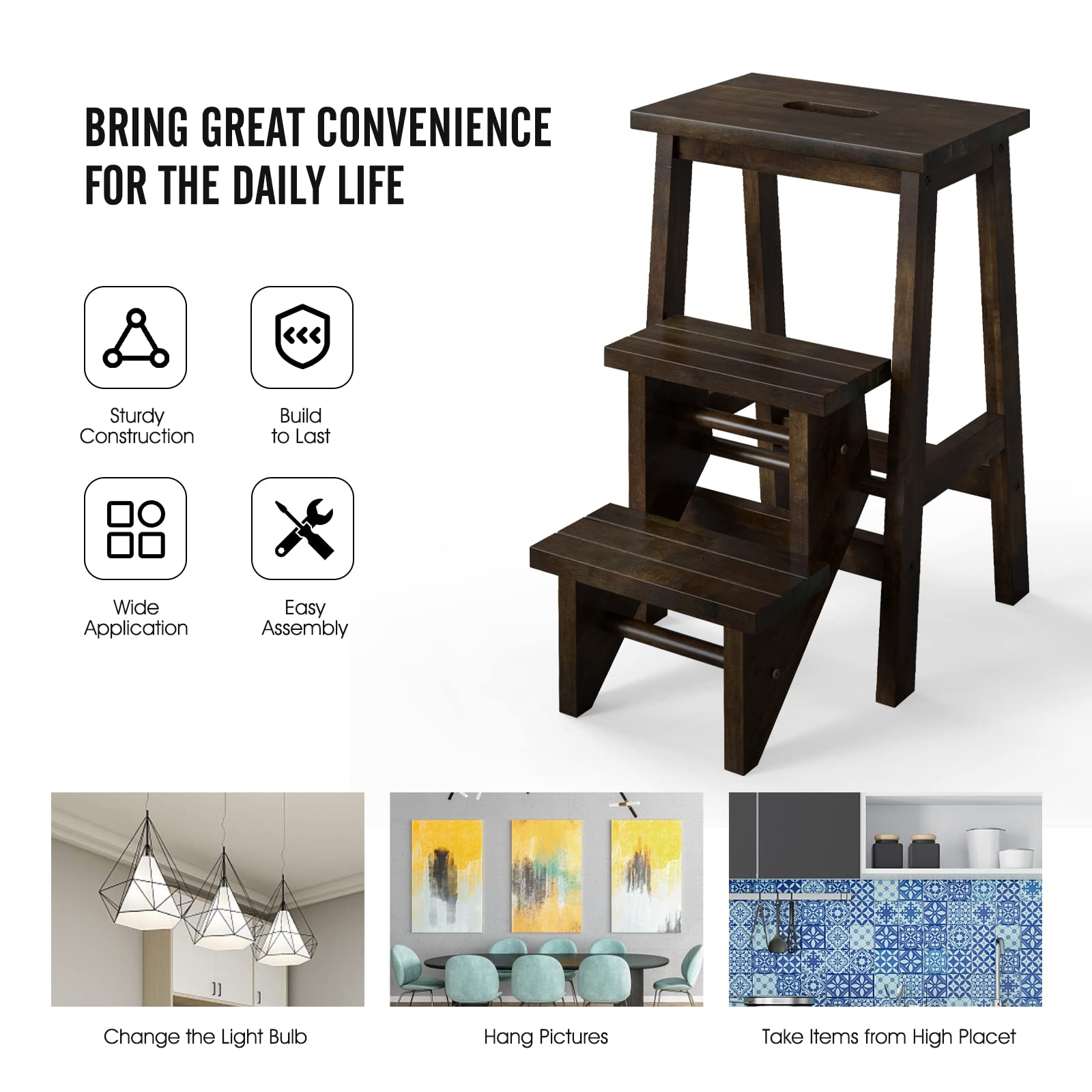 Giantex Folding 3 Tier Step Ladder, Multifunction 3-in-1 Wood Step Stool with Anti-Slip, Convenient Handle, Display Ladder and Storage Shelf for Library, Home Kitchen, Household Work, Garage (Brown)