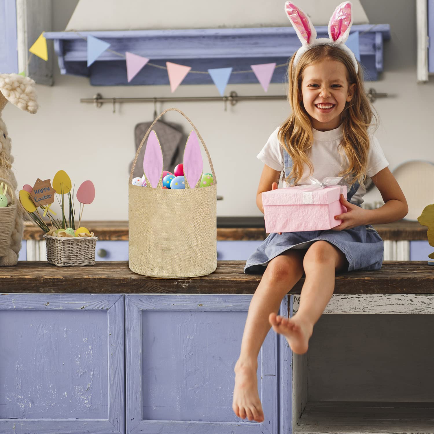 Doxrmuru Easter Bunny Basket Egg Bags for Kids Candy Egg Basket Rabbit Print Buckets with Fluffy Tail Gifts Bags (Pink)