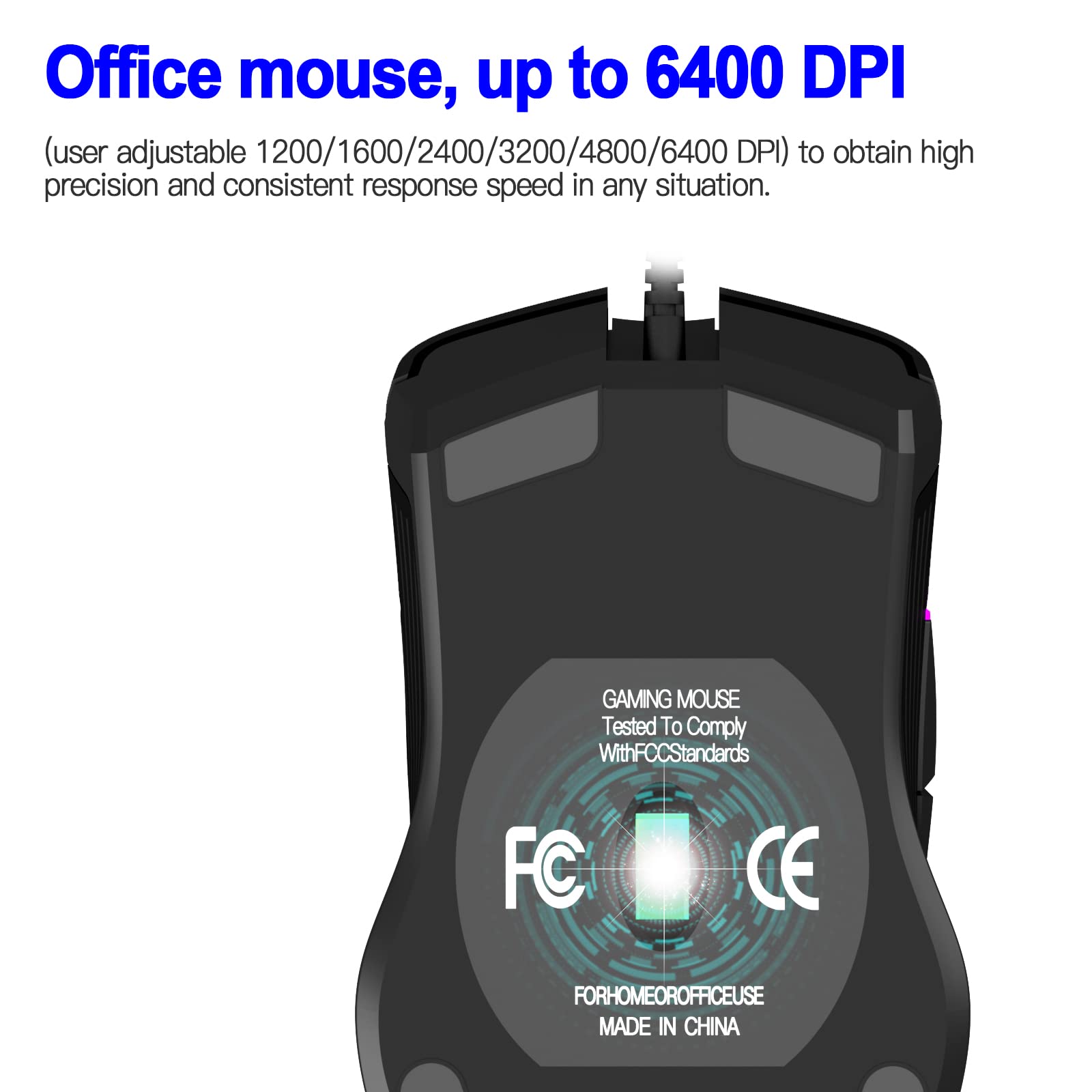 Corded Mouse Computer Wired Mouse-Optical Wired Mouse LED 6400DPI 6 Adjustable Levels-7 Button Ergonomic Backlit USB Computer Mice-Home and Office Mouse for Laptop PC Desktop Notebook