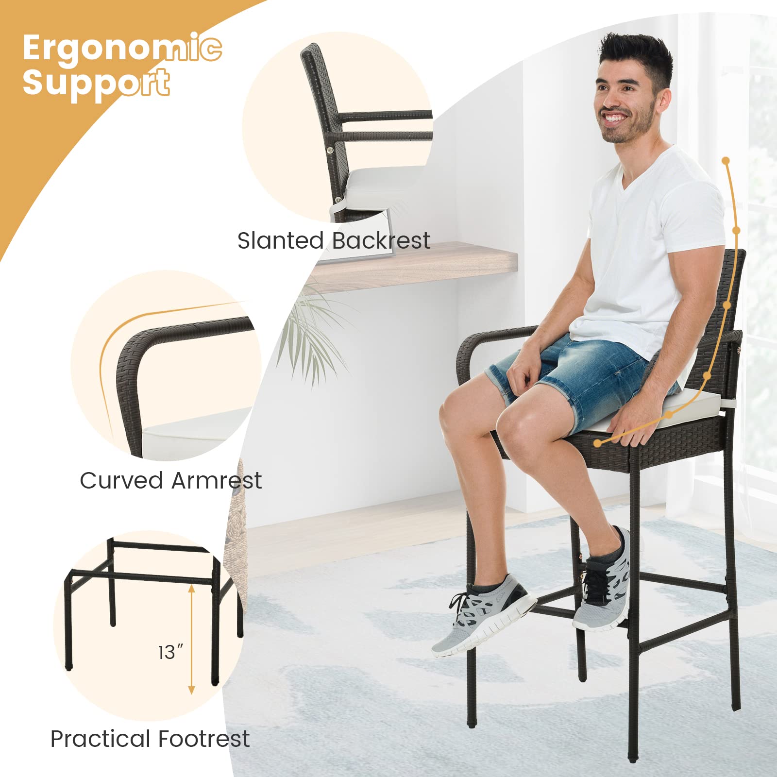HAPPYGRILL Wicker Bar Stools Set of 4, Bar Chairs with Armrests, Footrests, Seat Cushions, Outdoor High Back Bar Stools for Patio Balcony Poolside