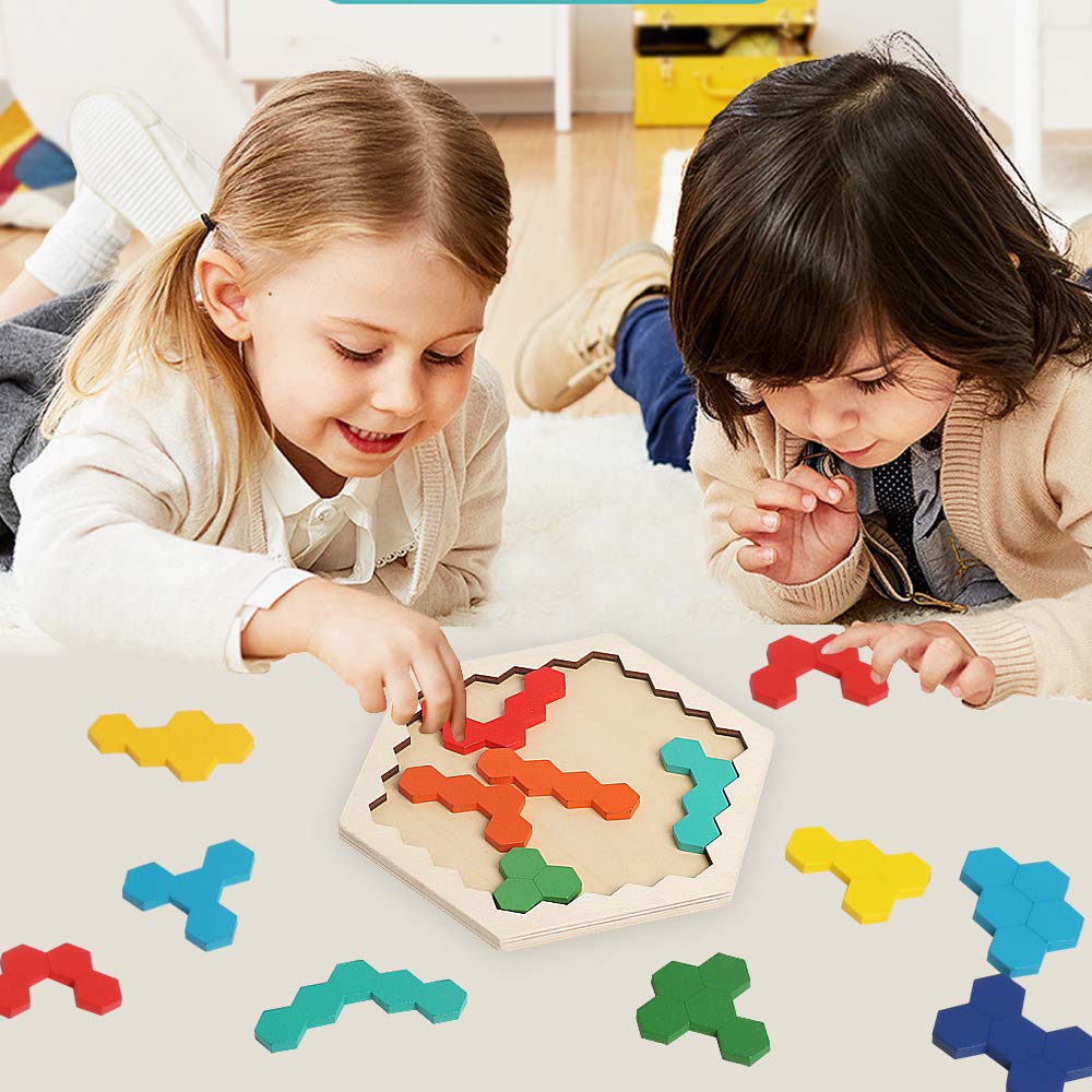 Skrtuan Wooden Blocks Puzzle for Kid Adults Brain Teaser Hexagon Puzzles Games Toy Shape Pattern Block Tangram Geometry Logic IQ STEM Montessori Educational Gift for All Ages Boys Girls Challenge