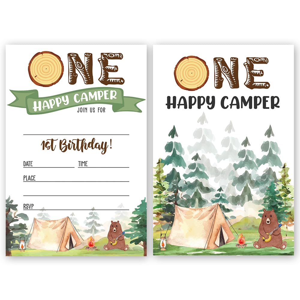 FujLoy Happy Camper Invitation, One Happy Camper Birthday Invitation, Camper Party Invitations cards.(069)