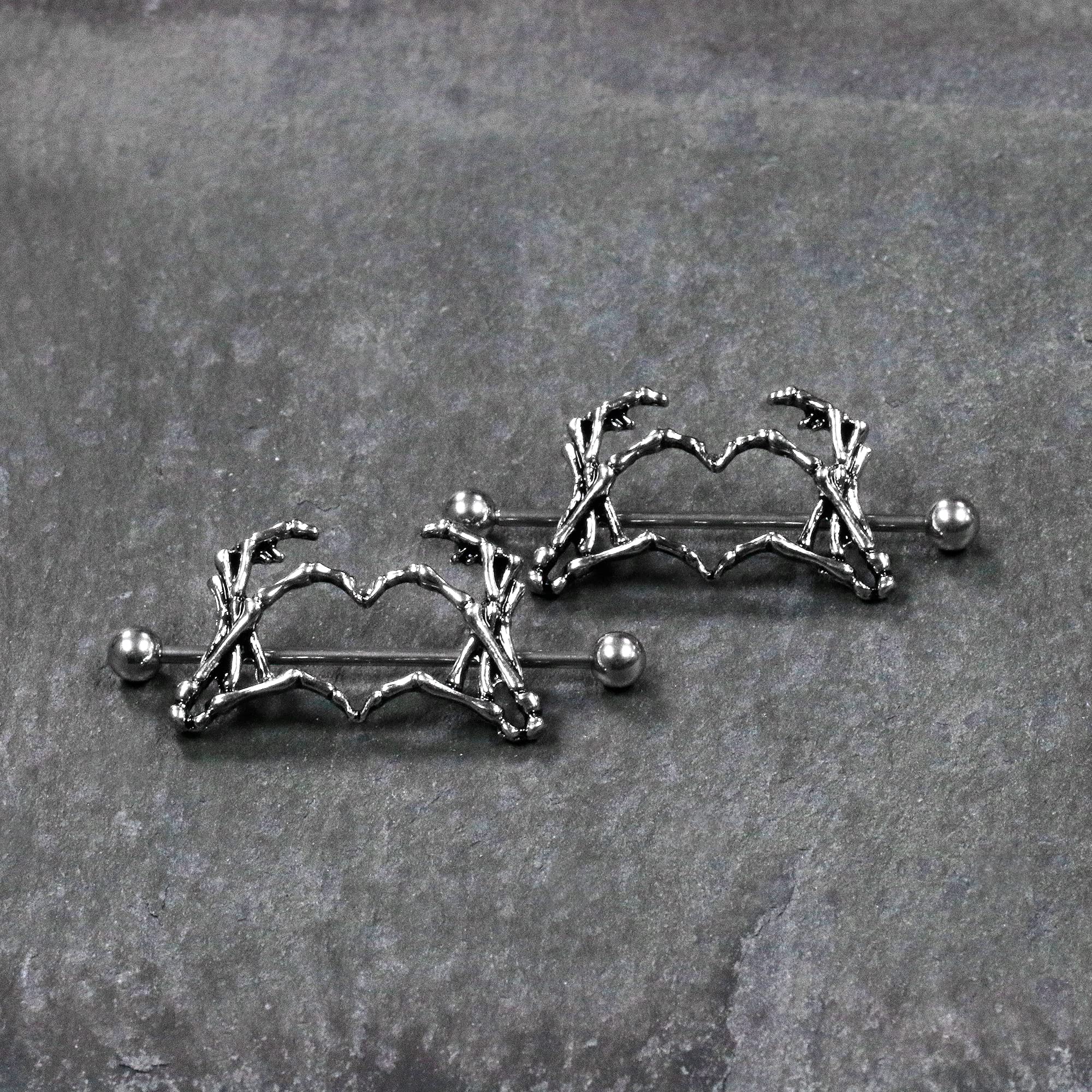 Body Candy Nipplerings Piercing Women 14G 1 1/2" Stainless Steel Skeleton Heart 2Pc Dangle Nipple Ring Set 38mm