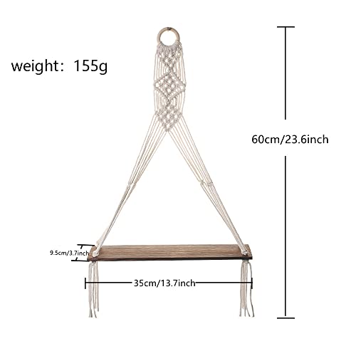 Macrame Wall Hanging Shelf, Rope Hanging Shelves for Wall, Bedroom Shelves,Boho Rustic Decor Cute 1 Tier Cotton Rope for Bedroom Bathroom Living Room