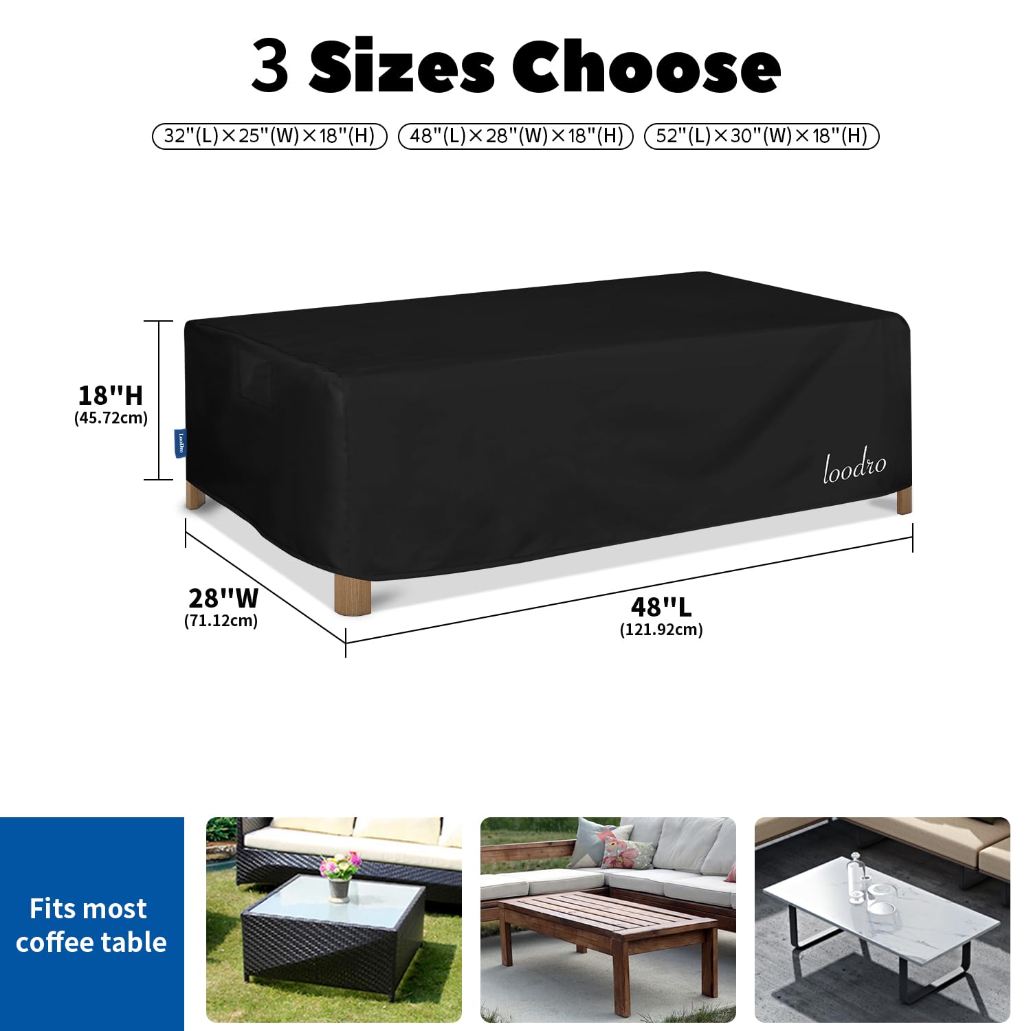 LooDro Rectangular Patio Coffee Table Cover Waterproof, 100% Waterproof Heavy Duty Oxford Cloth (32''Lx25''Dx18''H) Premium Durable Patio Table Cover for All-Season