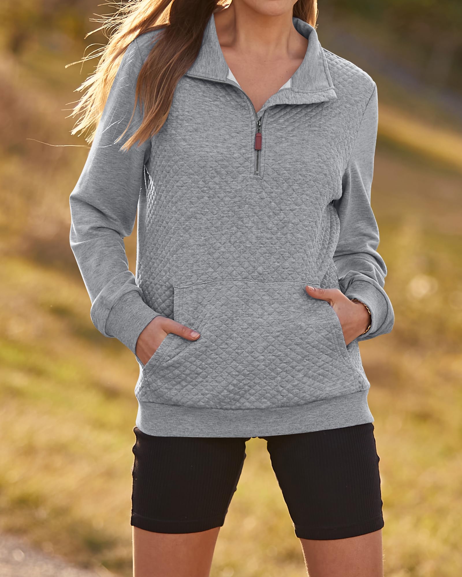 BTFBM Women Fashion Quilted Pattern Lightweight Zipper Long Sleeve Plain Casual Ladies Sweatshirts Pullovers Shirts Tops (Light Grey, Medium)