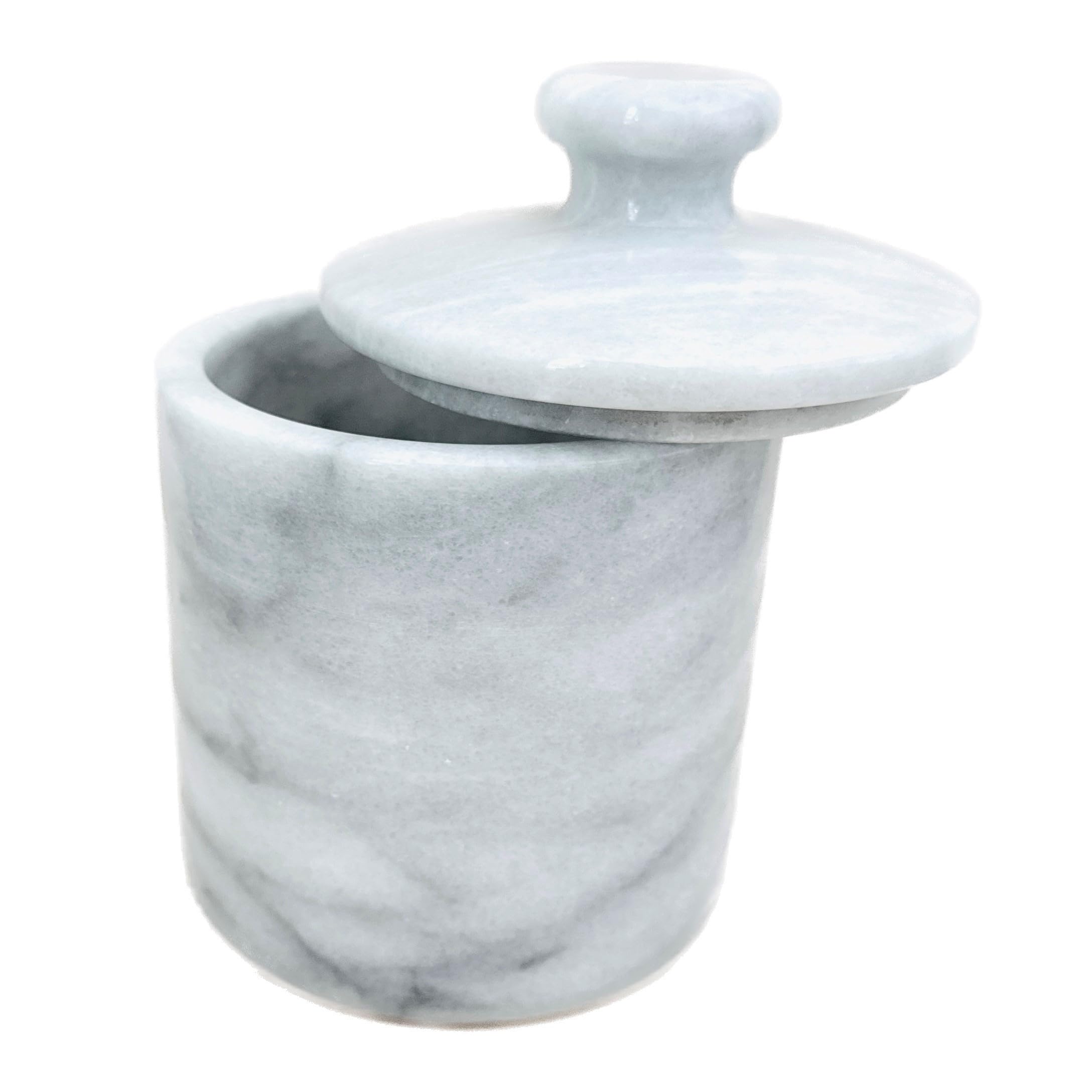Hapton House White Natural Marble Small Lidded Canister - Vanity Storage Jar with Lid - Q-Tip, Cotton Swab, Cotton Ball, Makeup Pad, Bath Salt Storage - Bathroom Organizer - Home DĂŠcor