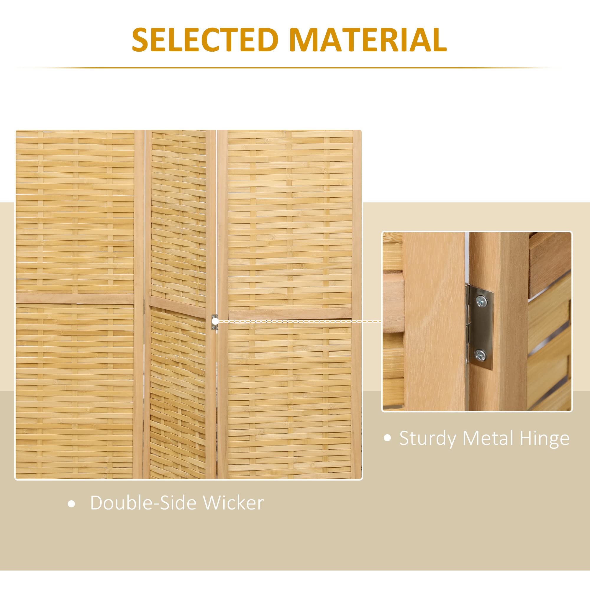 HOMCOM 4 Panel Room Divider, 5.5' Tall Bamboo Portable Folding Privacy Screens, Hand-Woven Double Side Partition Wall Dividers for Home Office, Natural