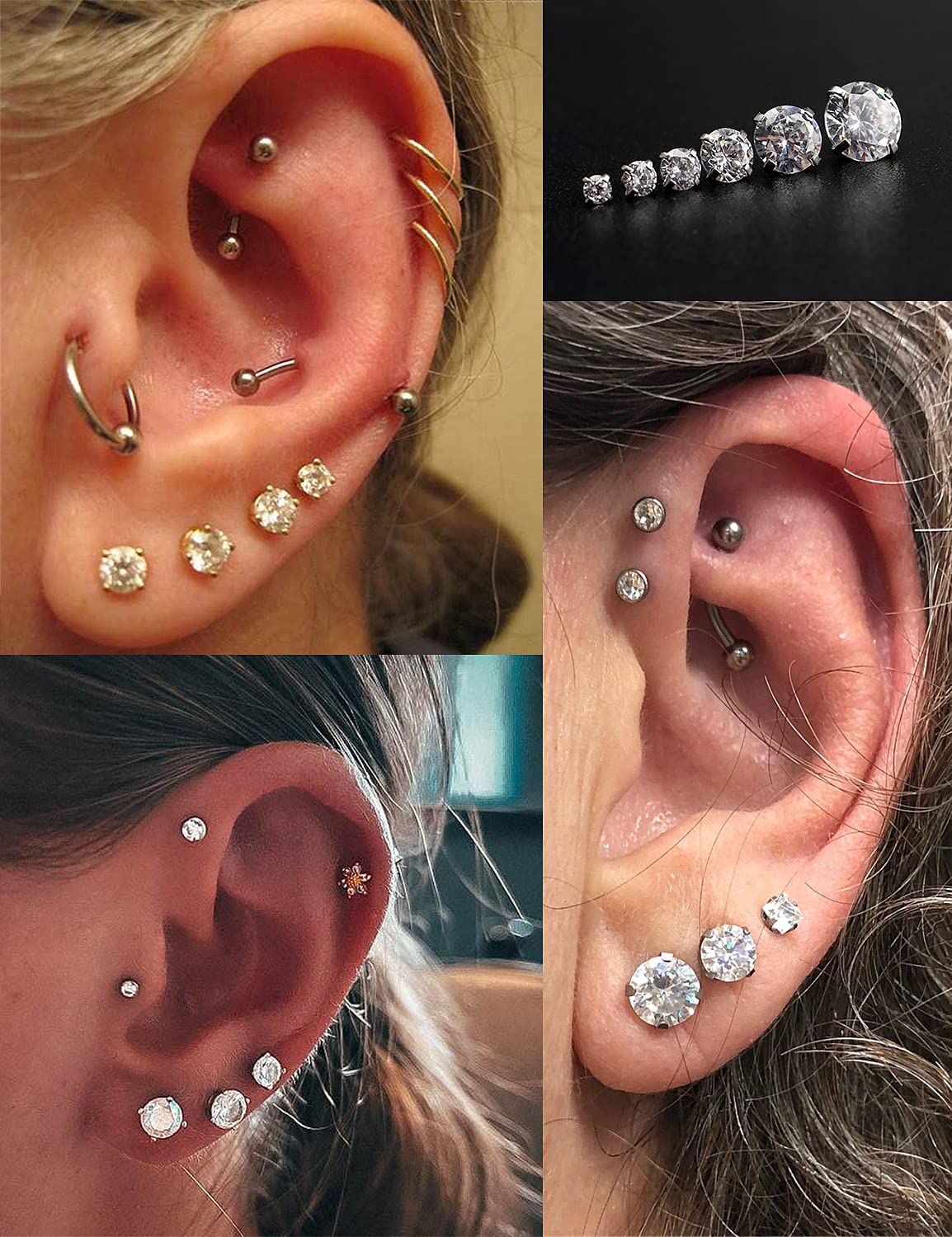 Cisyozi 18G Flat Back Stud Earrings for Women Men 316L Silver Stainless Surgical Steel Diamond Screw Back On Cartilage Helix Tragus Conch Ear Lobe Stud Earrings Set Pack Barbell Piercings Jewelry 6mm