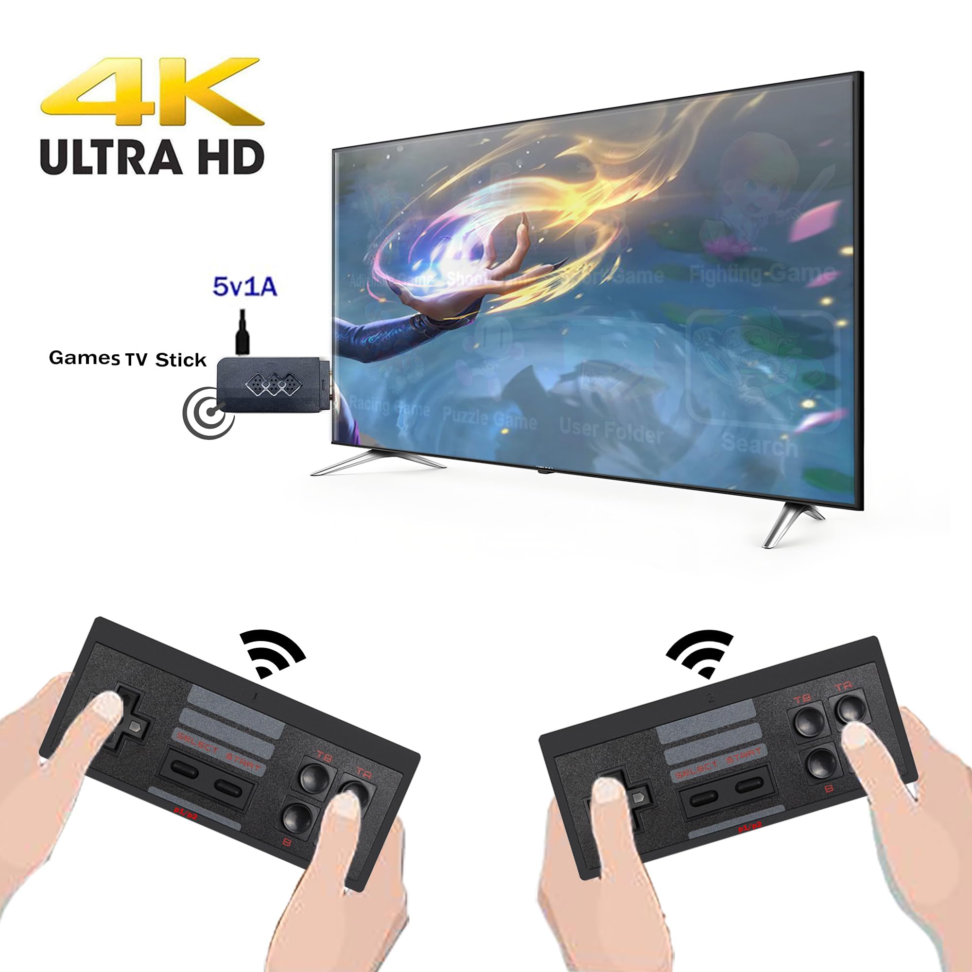 Wireless retro video game console, Plug and Play Video Game TV Stick 4K Built-in 10000+ nostalgia stick classic games system,with Dual 2.4g wireless controller gamepad, HD output games tv stick