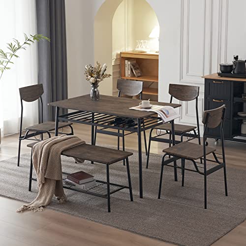 Rectangular Dining Table & Chair Set of 6 w/ Storage Space, Dining Room Set w/ 1 Table, 1 Bench & 4 Chairs for 6, Table Set w/ MDF Tabletop & Iron Frame, for Dining Room, Bistro, Home Bar, Kitchen