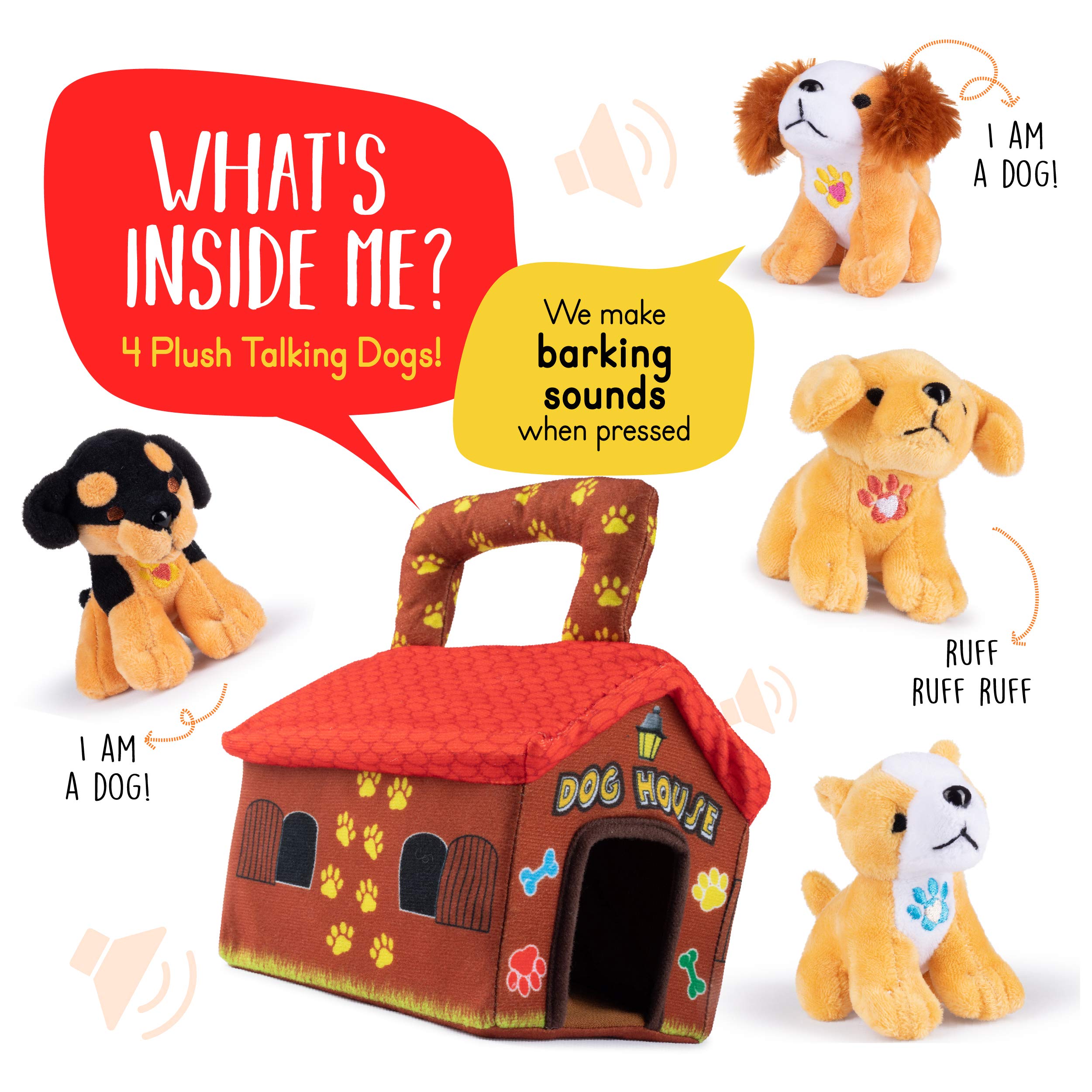 Plush Creations Talking Plush Dog House Carrier with 4 Soft & Cuddly, Talking & Barking, Stuffed Plush Dogs. Excellent Interactive and Educational Plush Toy Set. Great Gift for Kids Toddlers & Babies