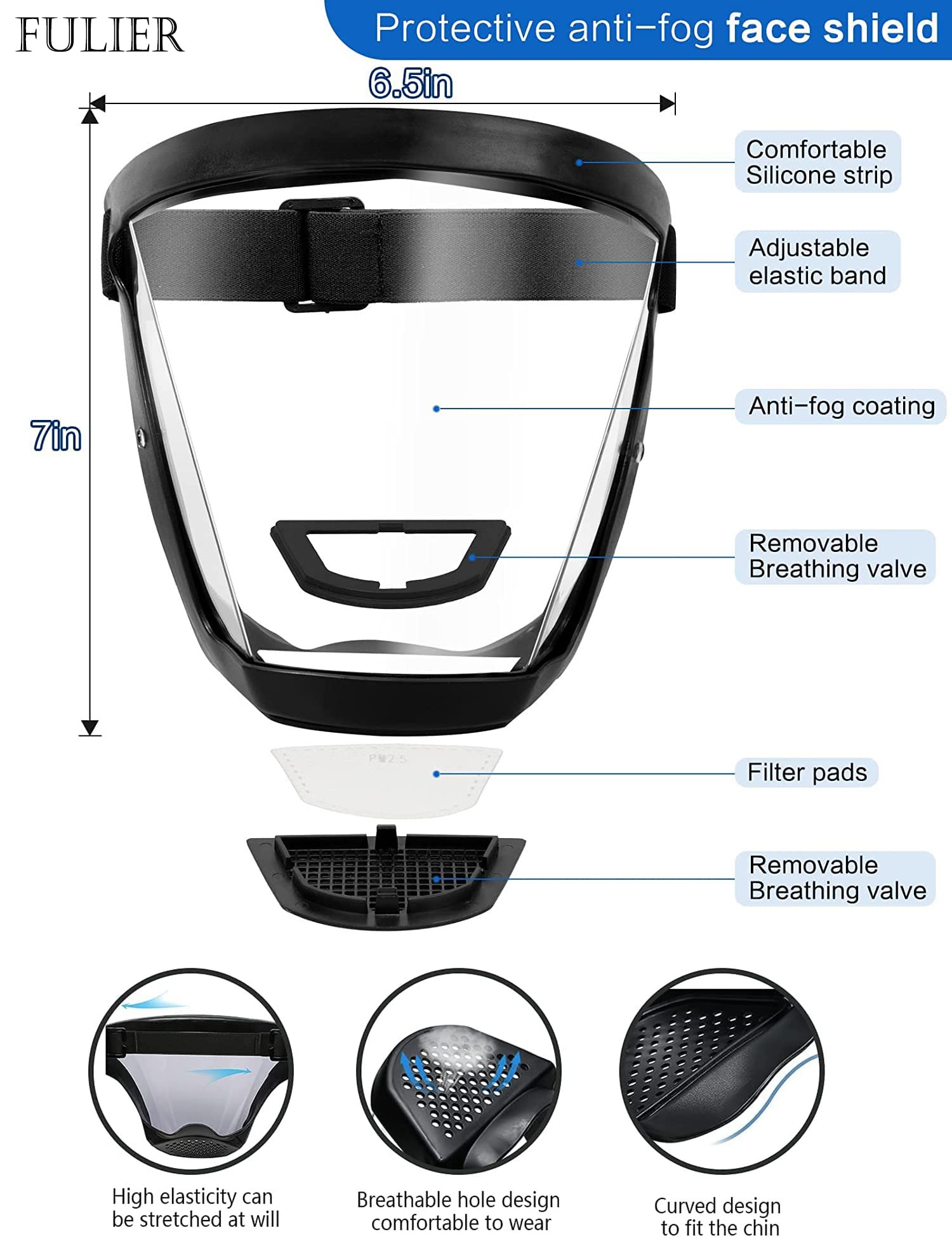 FULIER Transparent Face Mask Anti-Fog Outdoor Full Protection Face Shield HD Clear Mask Replace Safety Glasses (Black)