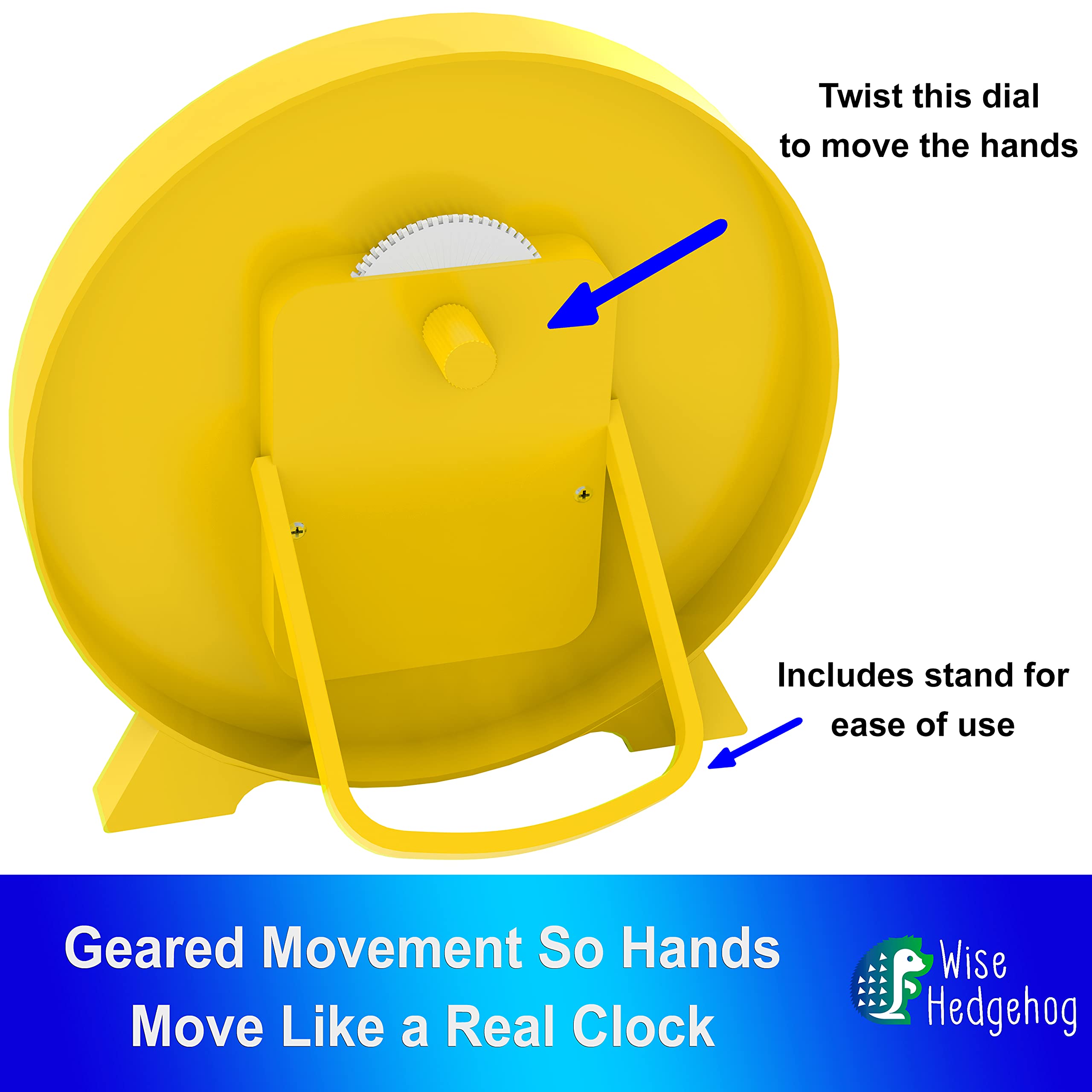 WISE HEDGEHOG Kids Telling Time Practice Learning Clock, 4 Inch Size Teaching Handheld Analog Clock, Geared Movement Makes Fingers Move Like Real Clocks, for School Classrooms and Homeschool Supplies