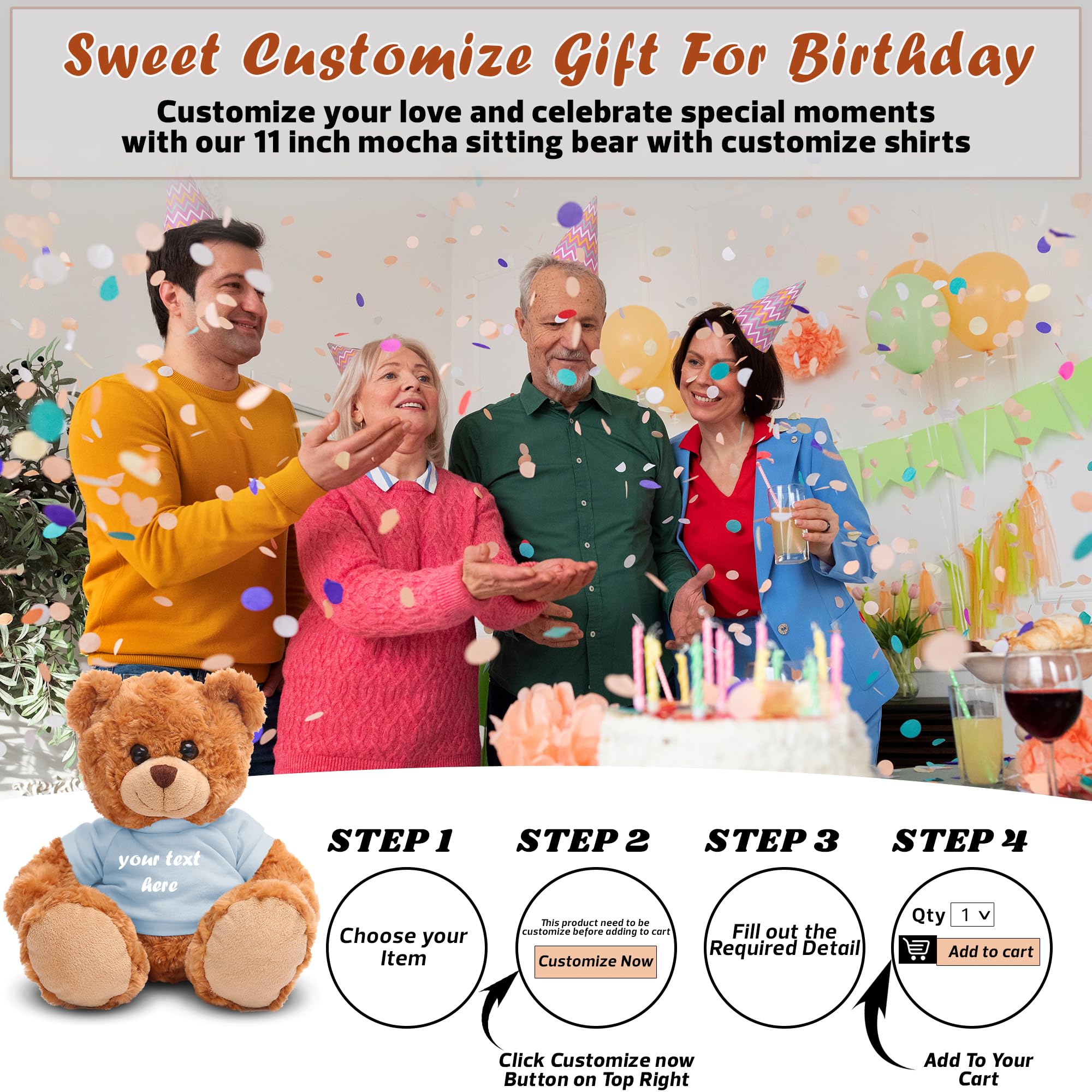 Plushland Teddy Bear 11 Inch, Stuffed Animal Personalized Gift - Great Present for Mothers Day, Valentine, Graduation, Birthday,Anniversary, get Well,Christmas (Mocha Bear, Baby Blue)