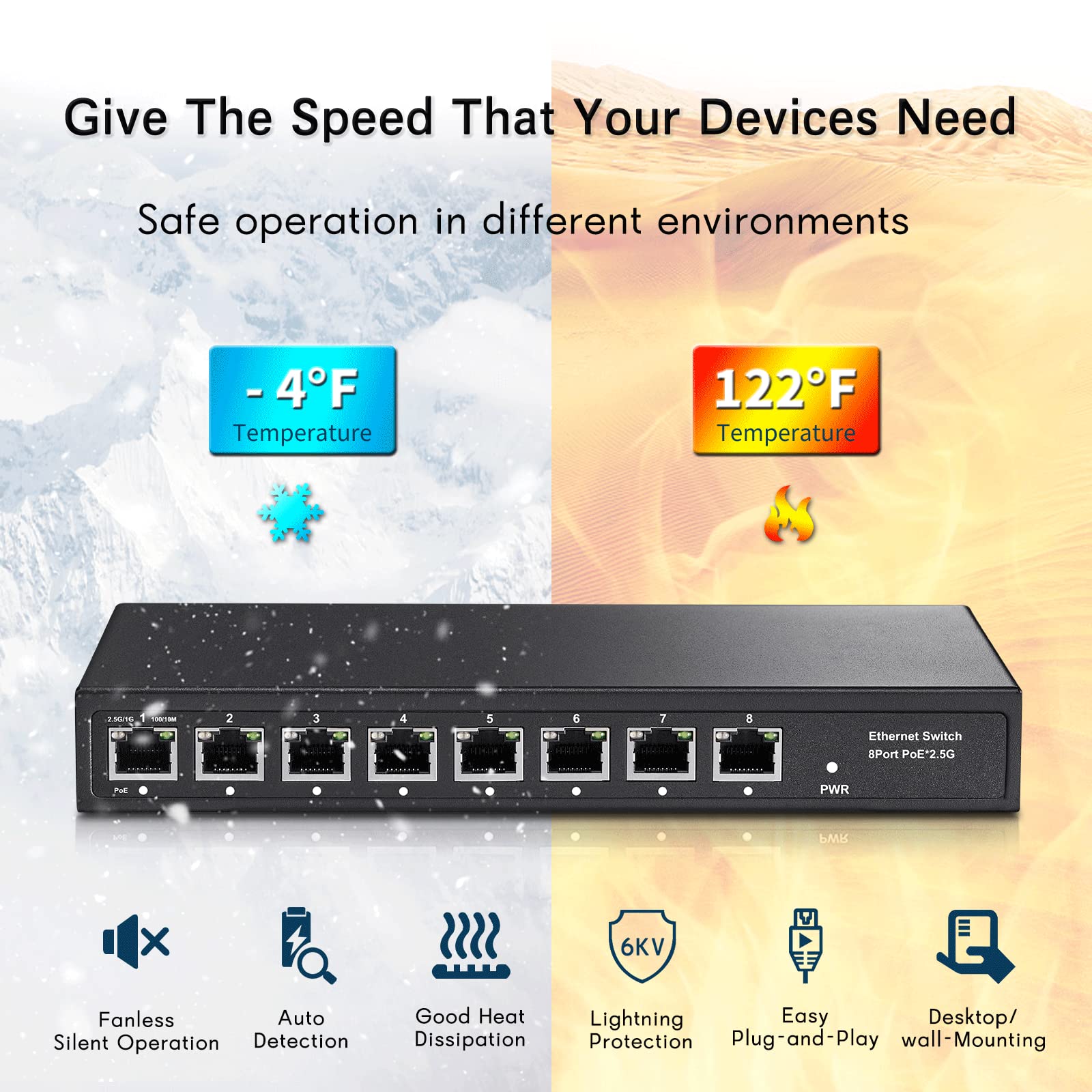 Cqenpr 2.5G PoE Switch, 8 Port 2.5GBASE-T PoE Switch, 128Gbps Switching Capacity, Multi-Gigabit Unmanaged PoE+ Switch, Plug & Play, Fan-Less Metal Design, Desktop/Wall-Mount.