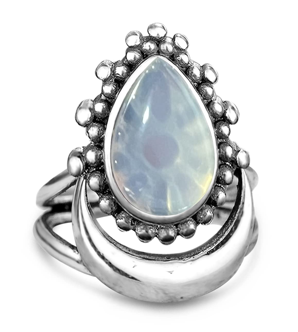 DALEGEM White Crystal Quartz Stone Agate Onyx Crescent Moon Ring for Women,S925 Sterling Silver Gemstone Quartz Boho Statement Ring Jewelry (Ring_White, 8)