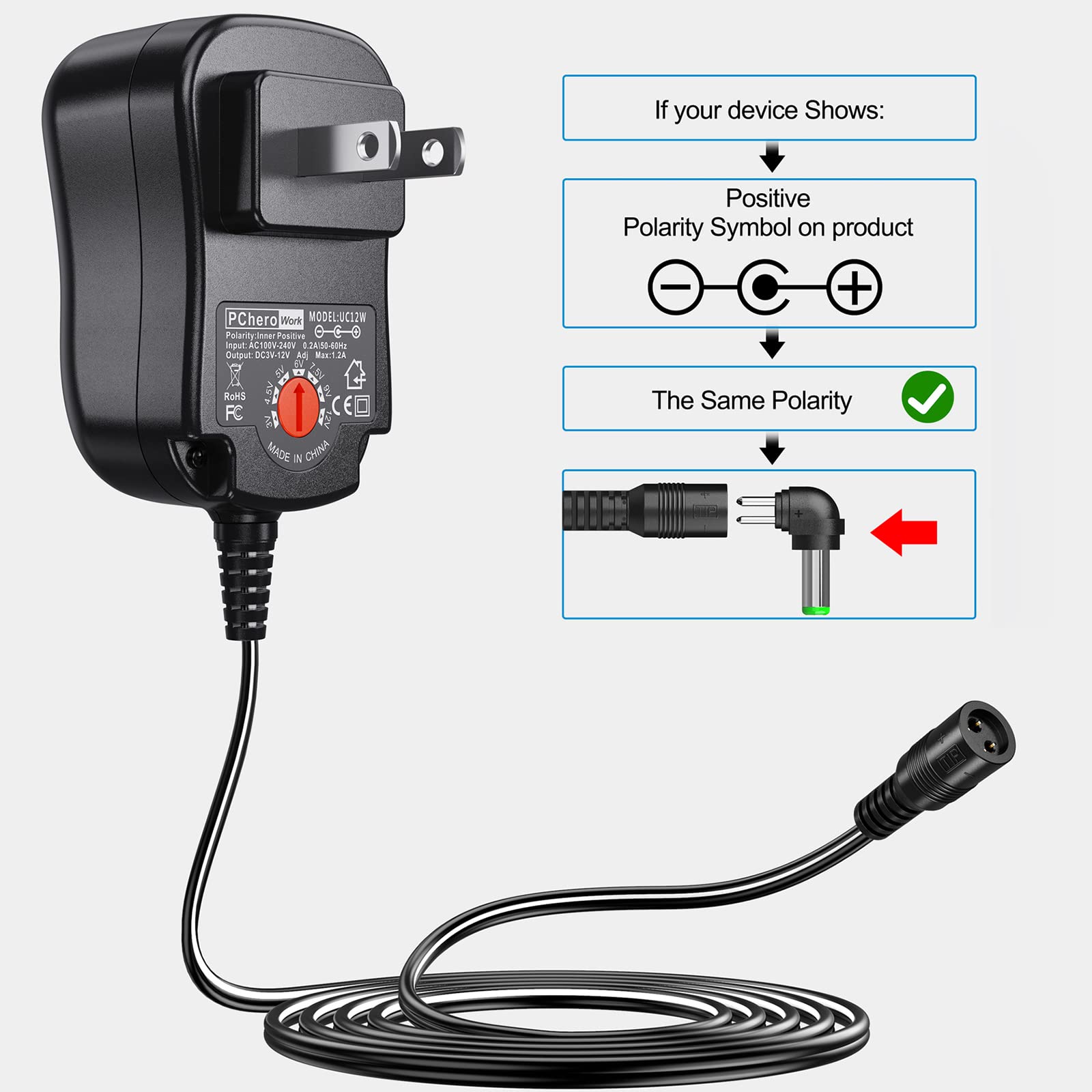 PChero 12W Universal Multi Voltage AC/DC Adapter Switching Power Supply with 8 Selectable Adapter Plugs, Suitable for 3 V to 12 V Home Household Electronics Devices