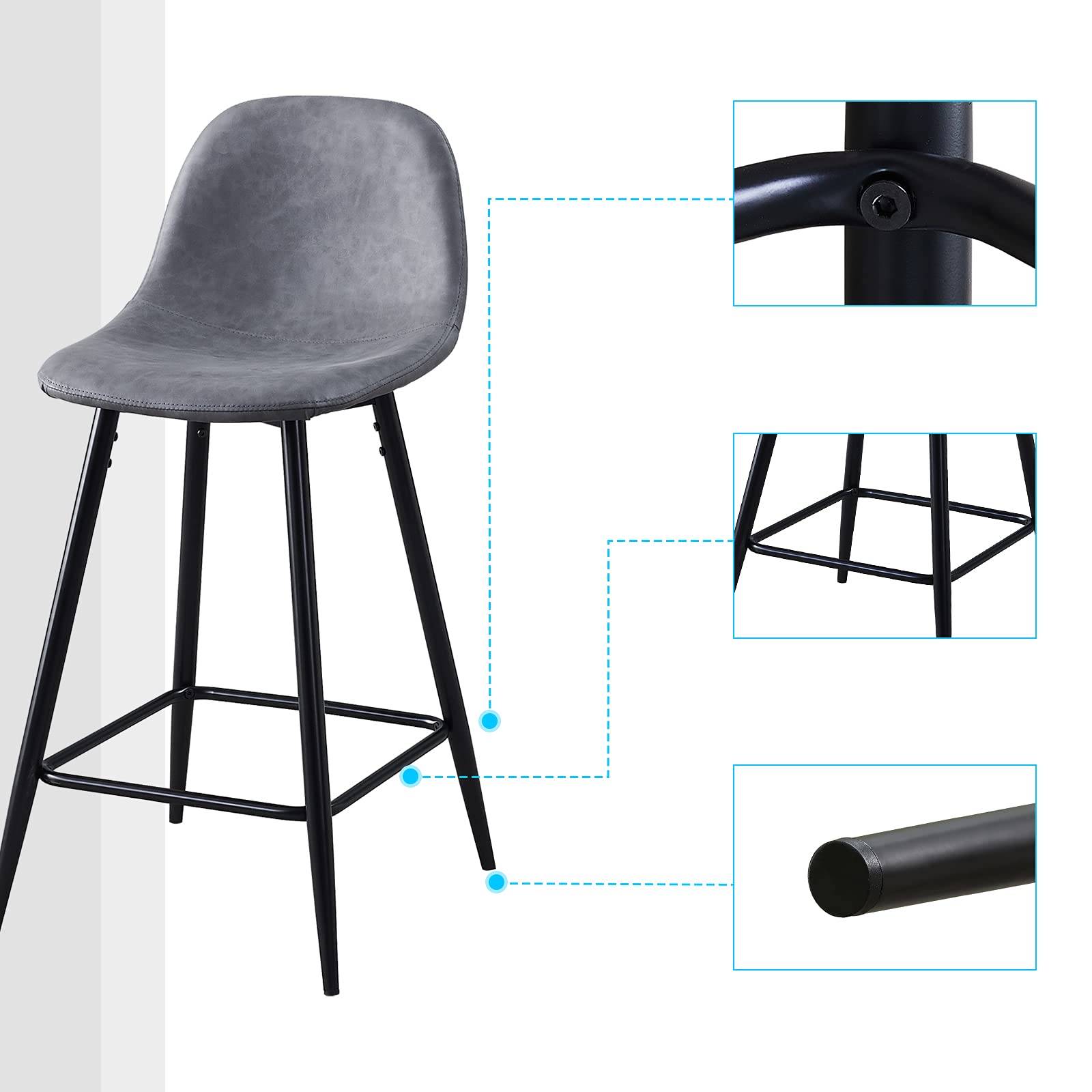 CLIPOP Pu Leather Bar Stools Set of 2, 26" Counter Height Bar Stool with Back, Sturdy Metal Legs, Footrest, Kitchen Bar Chairs for Home Island Breakfast Pub, Maximum Weight 330 lbs, Grey