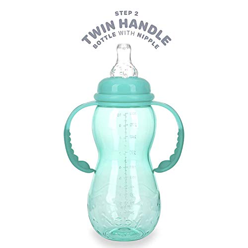 Nuby New 3 Stage Ultra Durable Tritan Grow with Me No-Spill Bottle to Cup, 10 Oz, Teal, 80387