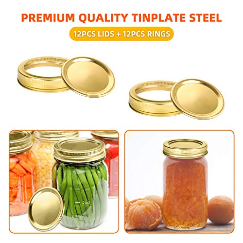 MAEXUS 24 Pcs Canning Lids, 12 Jar Rings + 12 Canning Lids Regular Mouth Mason Jar Lids, Split-Type Metal Mason Jar Lids for Ball, Kerr Jars (Golden)
