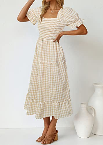 MEROKEETY Women's Plaid Square Neck Ruffle Puff Sleeve Midi Dress Summer Boho Backless Smocked Dress, Beige, Medium