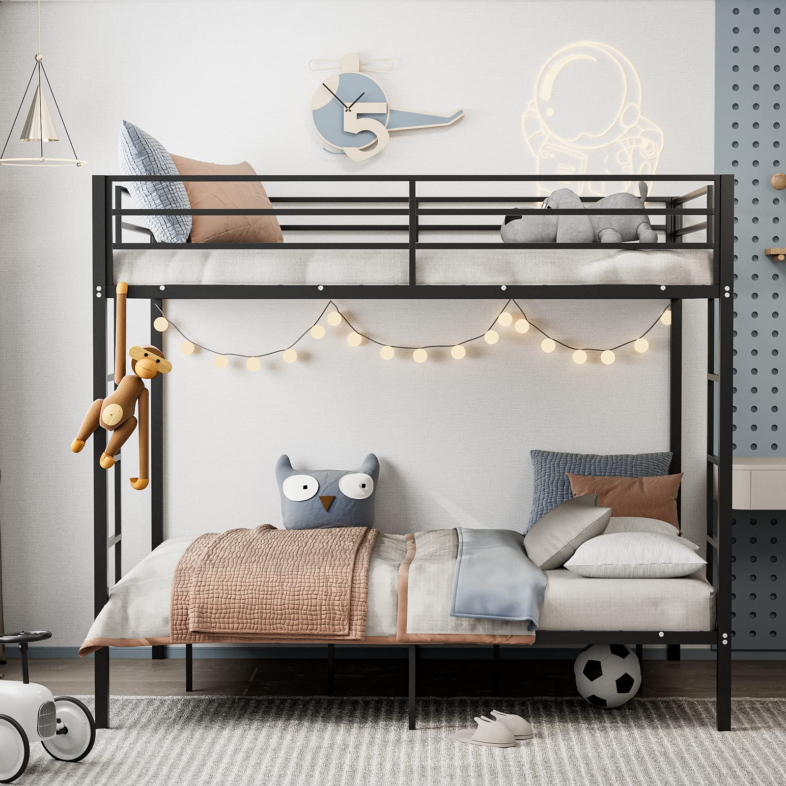 IKIFLY Metal Full Over Full Bunk Beds, Heavy Duty Full Size Bunk Bed Frame with 2 Built-in Ladders, Safety Guard Rail, Space-Saving Design, for Kids, Teens, Adults - No Box Spring Needed - White