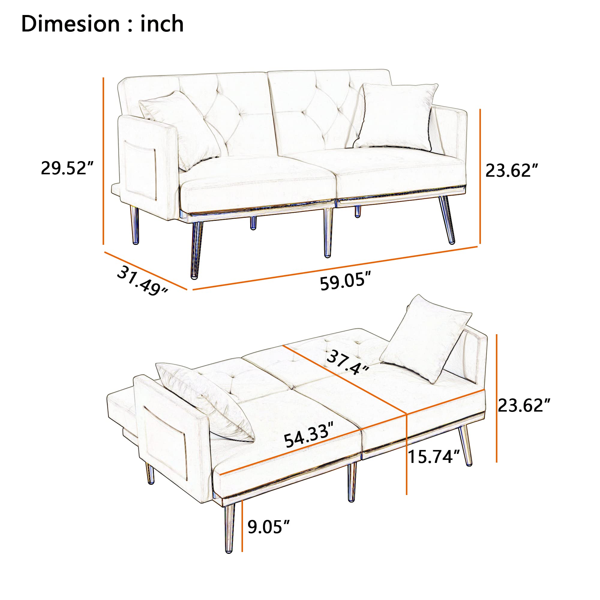 SEVENWOOD Velvet Convertible Loveseat Sleeper Sofa Bed for Small Spaces, Small Sofa Bed Couch with 3 Adjustable Backrest and 6 Gold Metal Legs for Living Room. (Off-White)