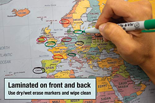 Laminated World Voyager Map Poster | Bright Style Map | Includes The Most Legible Location Labels | 36β x 24β | Shipped Rolled in a Tube, Not Folded | Great for The Home or Classroom